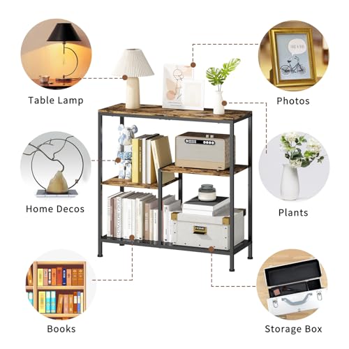 GILLAS Sofa Table, 3 Tier Console Table for Entryway, Narrow Entry Table & Open Storage Shelves, Skinny Side Table for Living Room, Hallway, Entrance Hall, Corridor, Bedroom, Rustic Brown and Black