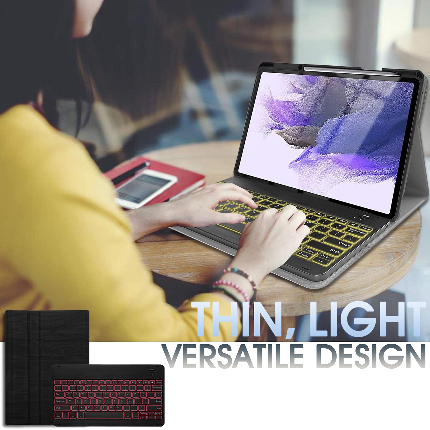 Backlit Keyboard Case for Samsung Galaxy Tab S8 Plus 2022/S7 FE 2021/S7 Plus 2020 12.4 inch with S Pen Holder, Wineecy 7 Colors Backlight Detachable Wireless Keyboard & PU Folio Stand Cover Case,Black