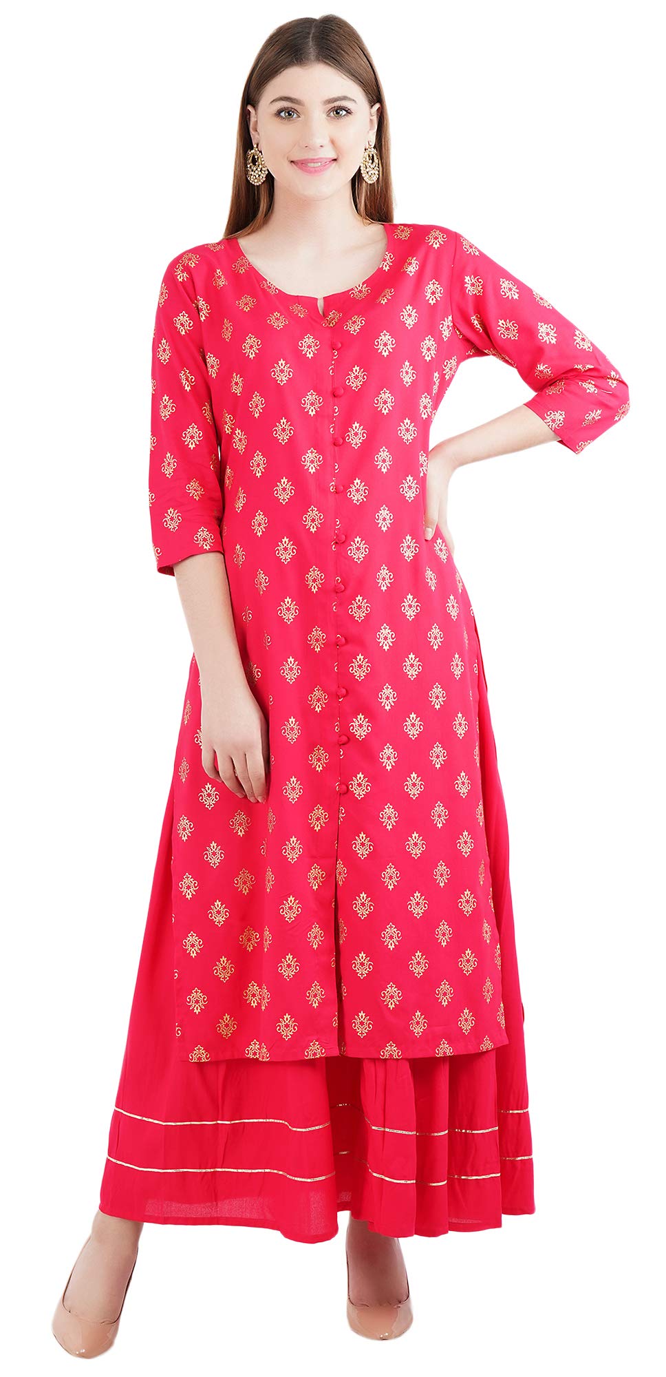 Arayna Women's Rayon Printed Kurta with Skirt Set, Red, Large