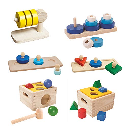 Amazon Basics Montessori Case Pack, Shape Matching Puzzle, Horizontal Stacking, Circle Matching Puzzle, Trio Stacking, Shape & Sort It Out, Punch & Drop, 18 Months+