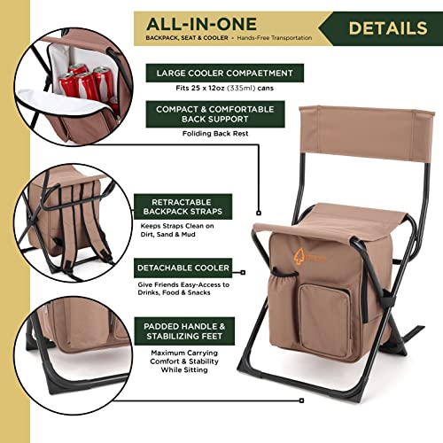 Arrowhead Outdoor Multi-Function 3-in-1 Compact Camp Chair: Backpack, Stool & Insulated Cooler, w/Bottle Holder & Storage Bag, External Pockets, Backrest, Fishing, Hiking, Heavy-Duty, USA-Based