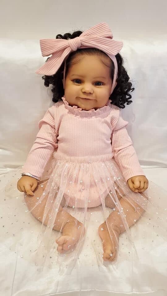 Anano Biracial Reborn Babies That Looks Real Girl Black with Real Hair with A Dress On 24 Inch African American Reborn Doll Brown Skin Silicone Baby Chubby Body Mixed Reborn Dolls