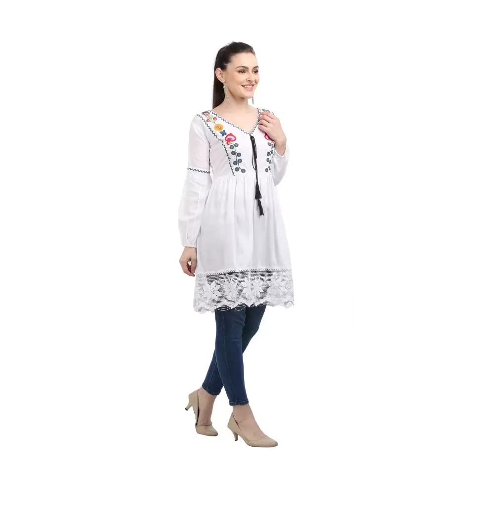 Anantdiva Women's Rayon Tops Short Kurta Kurti Indian Embroidery Summer Casual Tunic Kurta Kurti Tops for Women (as1, alpha, x_l, regular, regular, White)