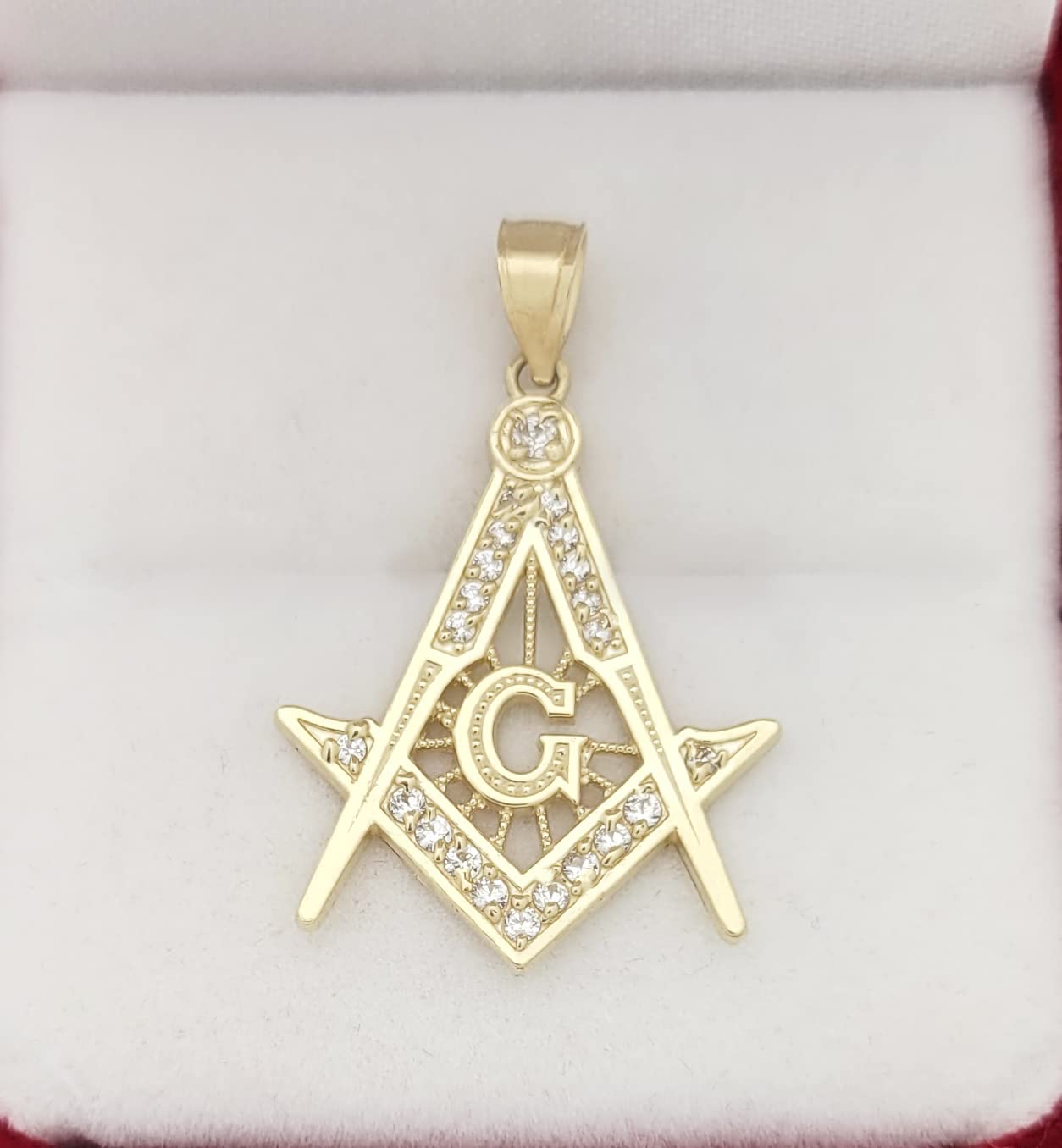 AMZ Jewelry 10K Yellow Solid Gold Masonic Pendant Freemason Necklace Pendant CZ Masonic Charm