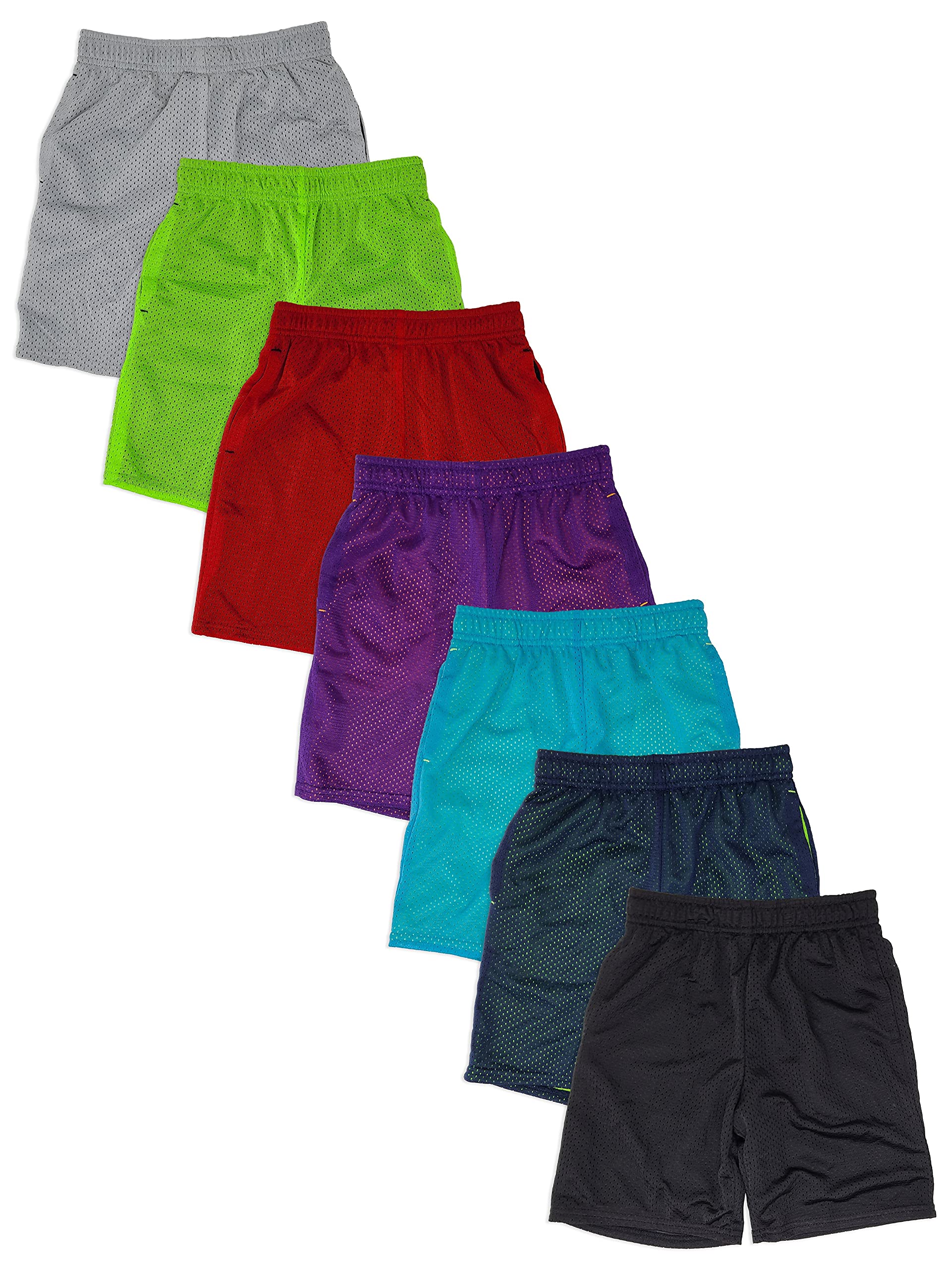 Andrew Scott Boys 7 Pack Active Performance Mesh Style Basketball Sport Shorts (7 Pack- Assorted Solids Contrast Pocket, Medium)
