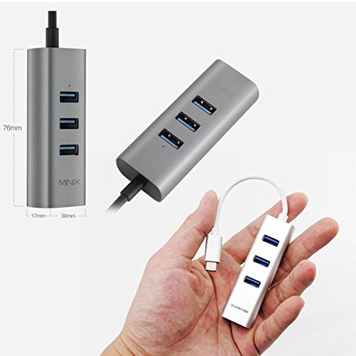 MINIX NEO-C-UEGR, Aluminium USB-C to 3-Port USB 3.0 and Gigabit Ethernet Adapter - for Windows, Mac and Chrome OS, Grey