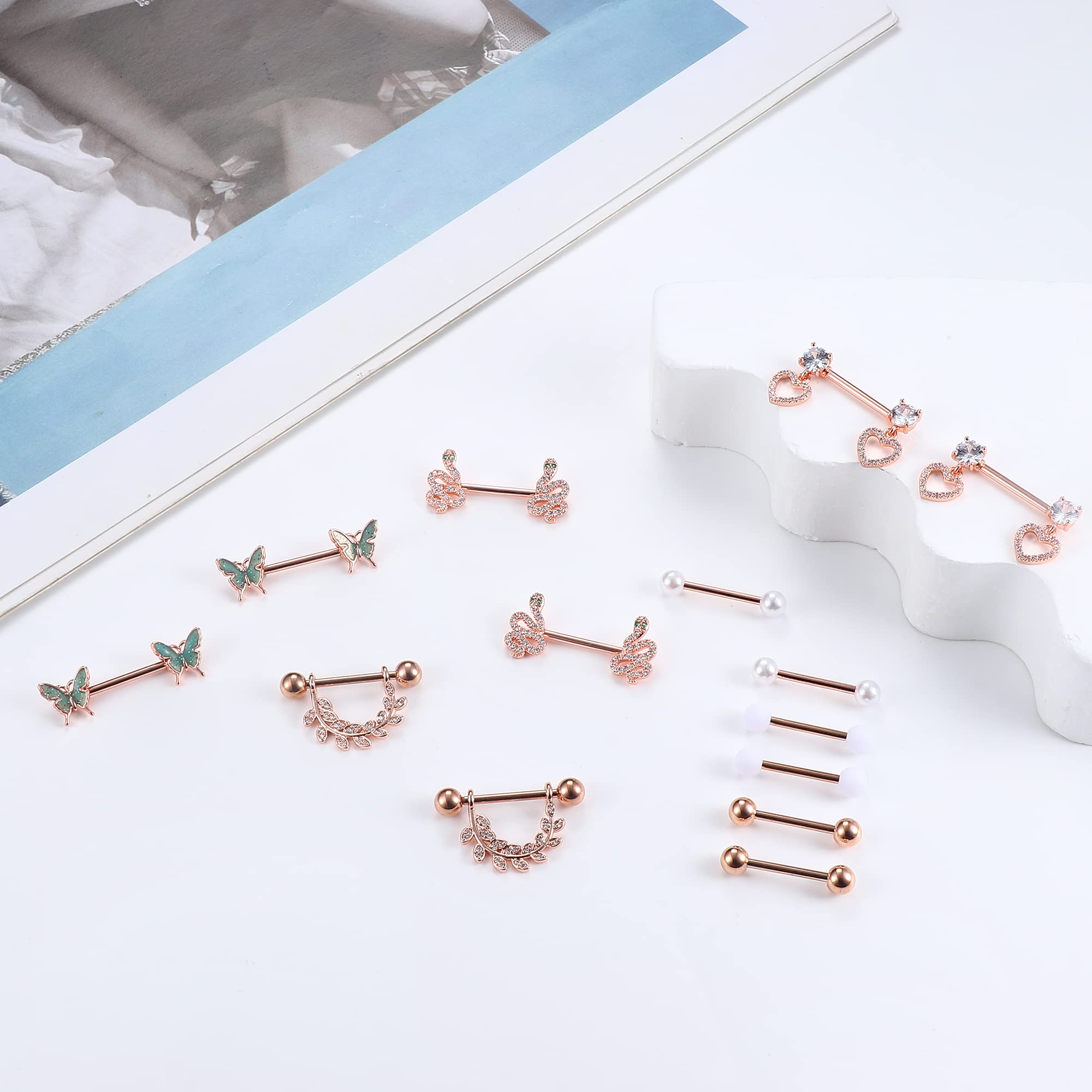 Besteel π π·ππππ Nipple Piercing Jewelry Stainless Surgical Steel Nipple Rings Set Cute CZ Ball Heart Butterfly Snake Tongue Belly Barbell Body Jewelry for Women 14G Rose Gold