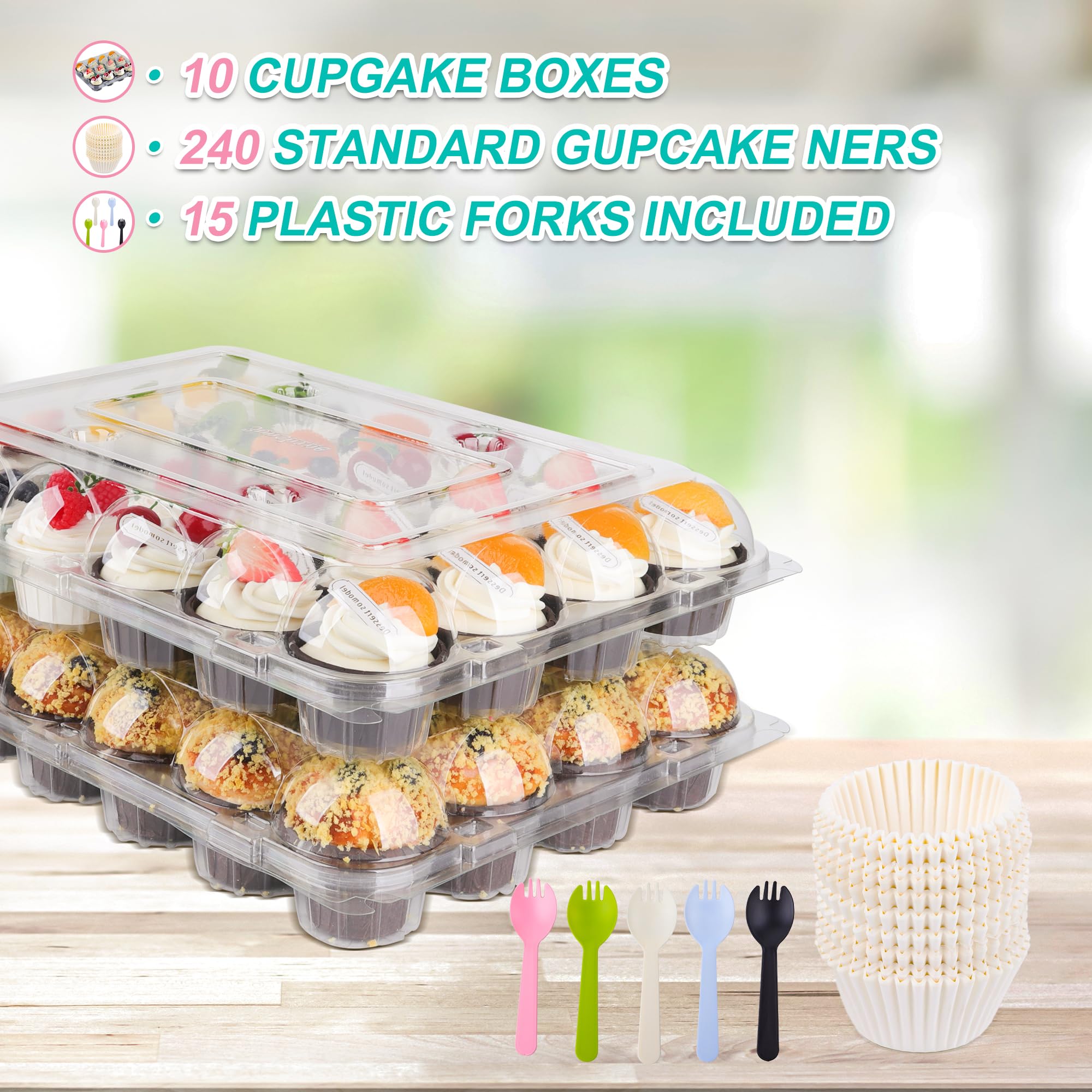AUKUS (24 packs X 10 sets Mini Cupcake Containers, Cupcake Carrier Holders,Deep Dome, Transparent Disposable with 240 Pack Cupcake liners and 15 forks