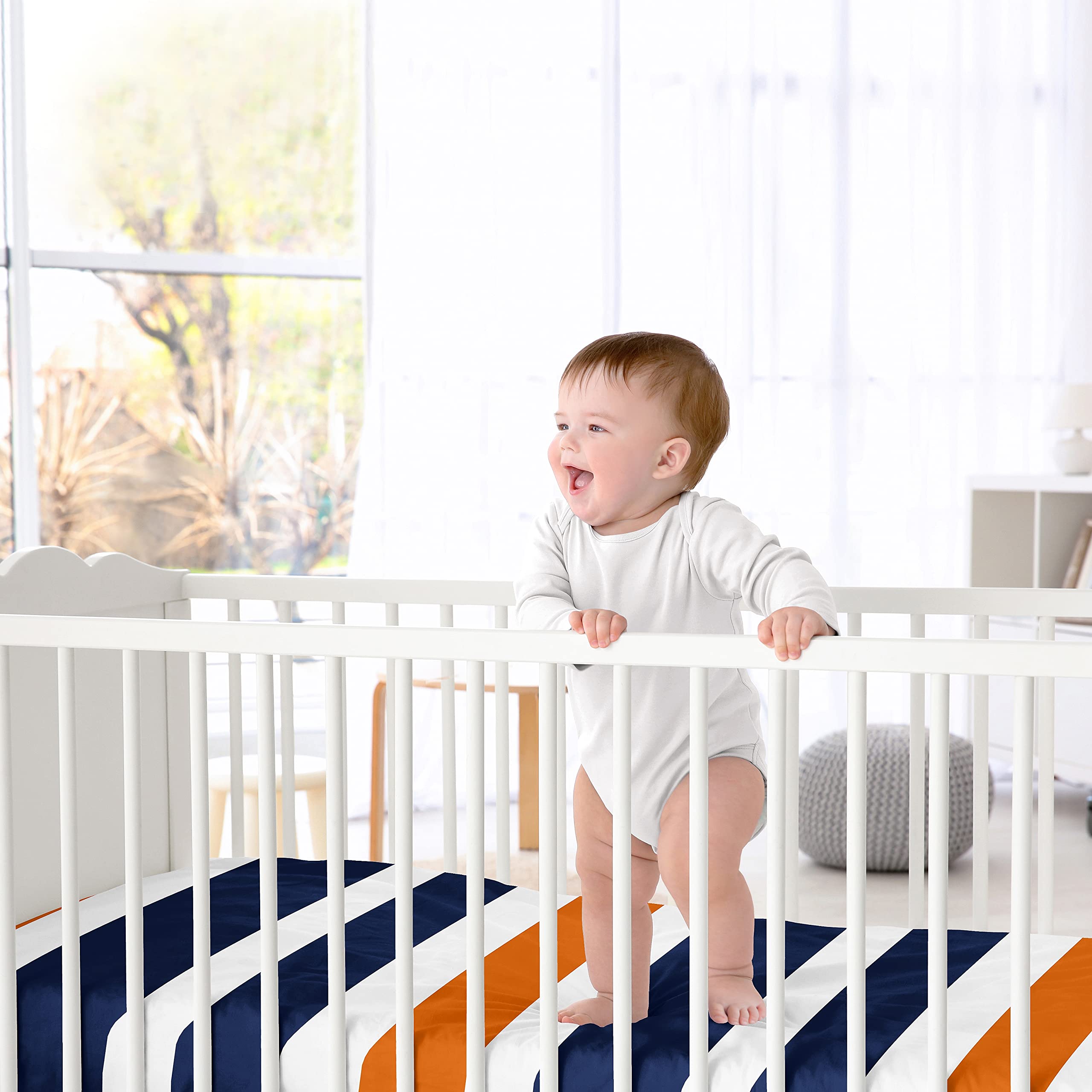 Sweet Jojo Designs Fitted Crib Sheet for Modern Navy Blue and Orange Stripe Baby/Toddler Bedding - Stripe Print