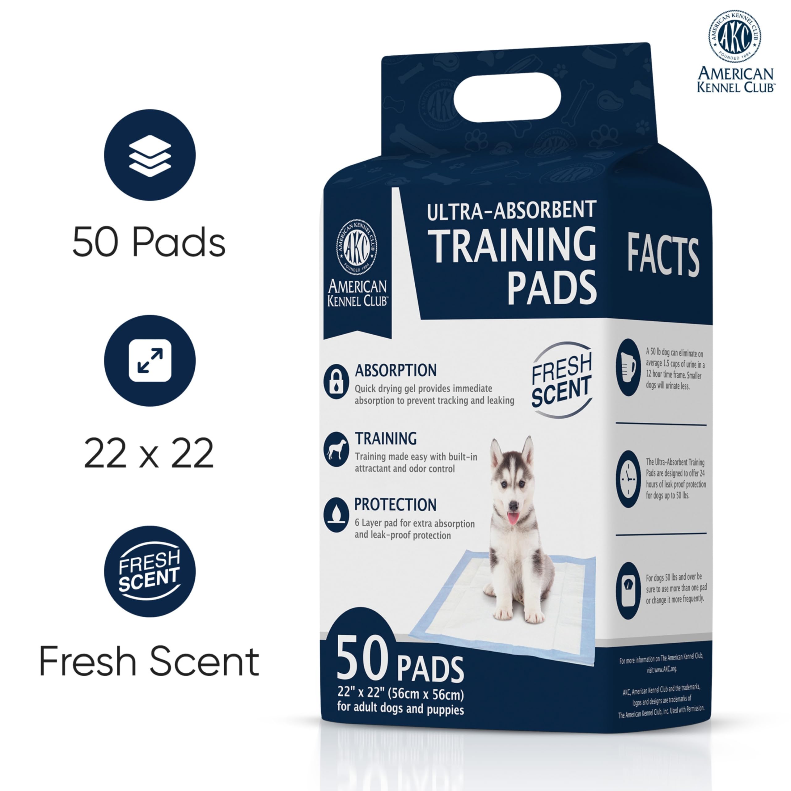 American Kennel Club Scented Puppy Training Pads with Ultra Absorbent Quick Dry Gel โ 22 x 22 Puppy Pads - Fresh Scented - Pack of 50