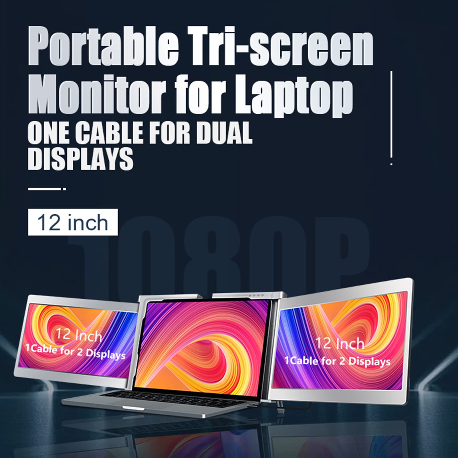 Bewinner Portable Monitor for Laptop, 12inch Dual Triple Monitor Screen Extender USB C Powered Plug and Play Portable IPS Screen Display Compatible for 13.3 to 16.1in Notebook Computer Windows Phone