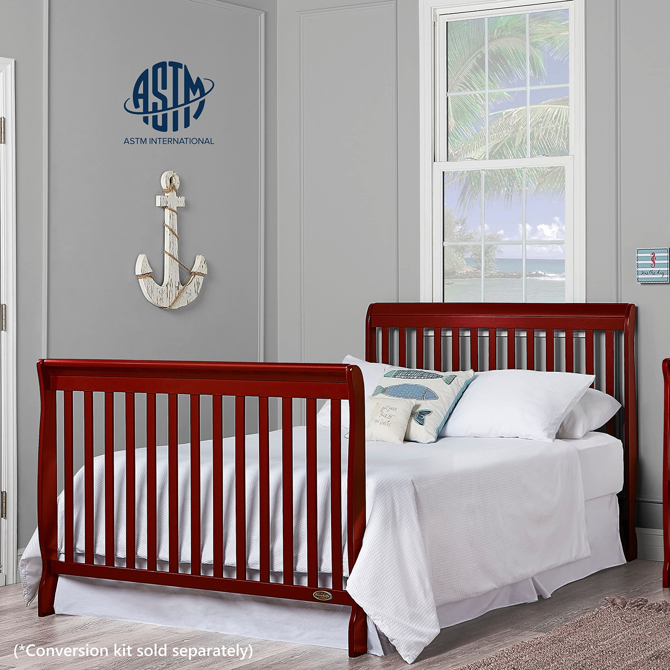 Ashton 4-In-1 Convertible Crib In Cherry, Greenguard Gold, JPMA Certified, Non-Toxic Finishes, Features 4 Mattress Height Settings, Made Of Solid Pinewood
