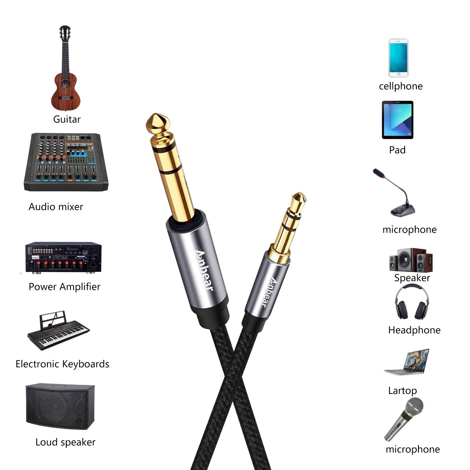 Anbear 6.35mm to 3.5mm Headphone Cable 4FT, 1/8 to 1/4 Headphone Adapter TRS Stereo Audio Alloy Housing and Nylon Braid Compatible with Guitar, Piano, Amplifiers,Mixing Console