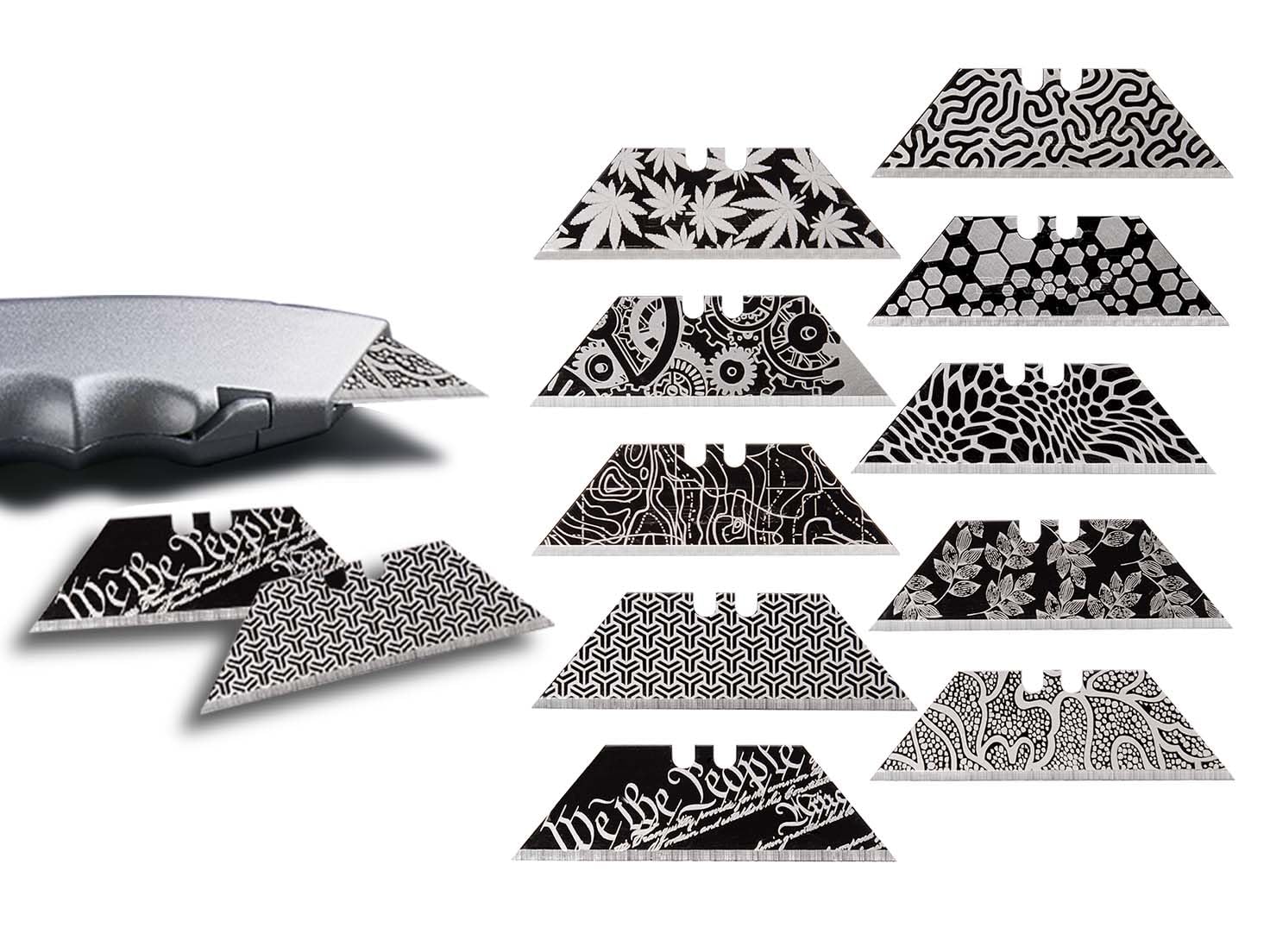 NDZ Performance Steel Blade Replacement for Utility Knife & Box Cutters, Custom Razor Blade, Double Sided Laser Engraved Designs, Black - Topographic Map, Three Pack
