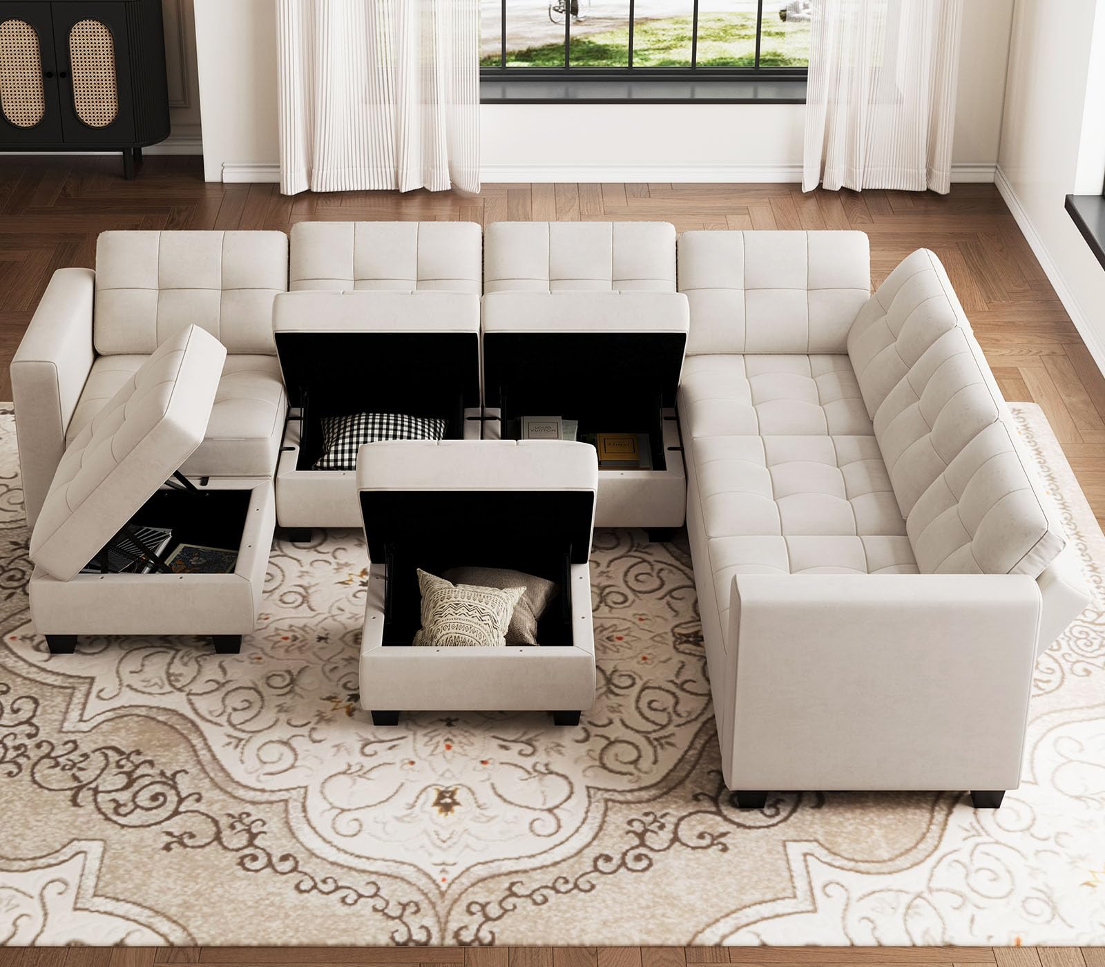 Belffin U Shaped Modular Sectional Sofa with Chaise Reversible, Oversized Sectional Modular Couch with Ottomans, Velvet Fabric Couch with Storage Seats,Beige