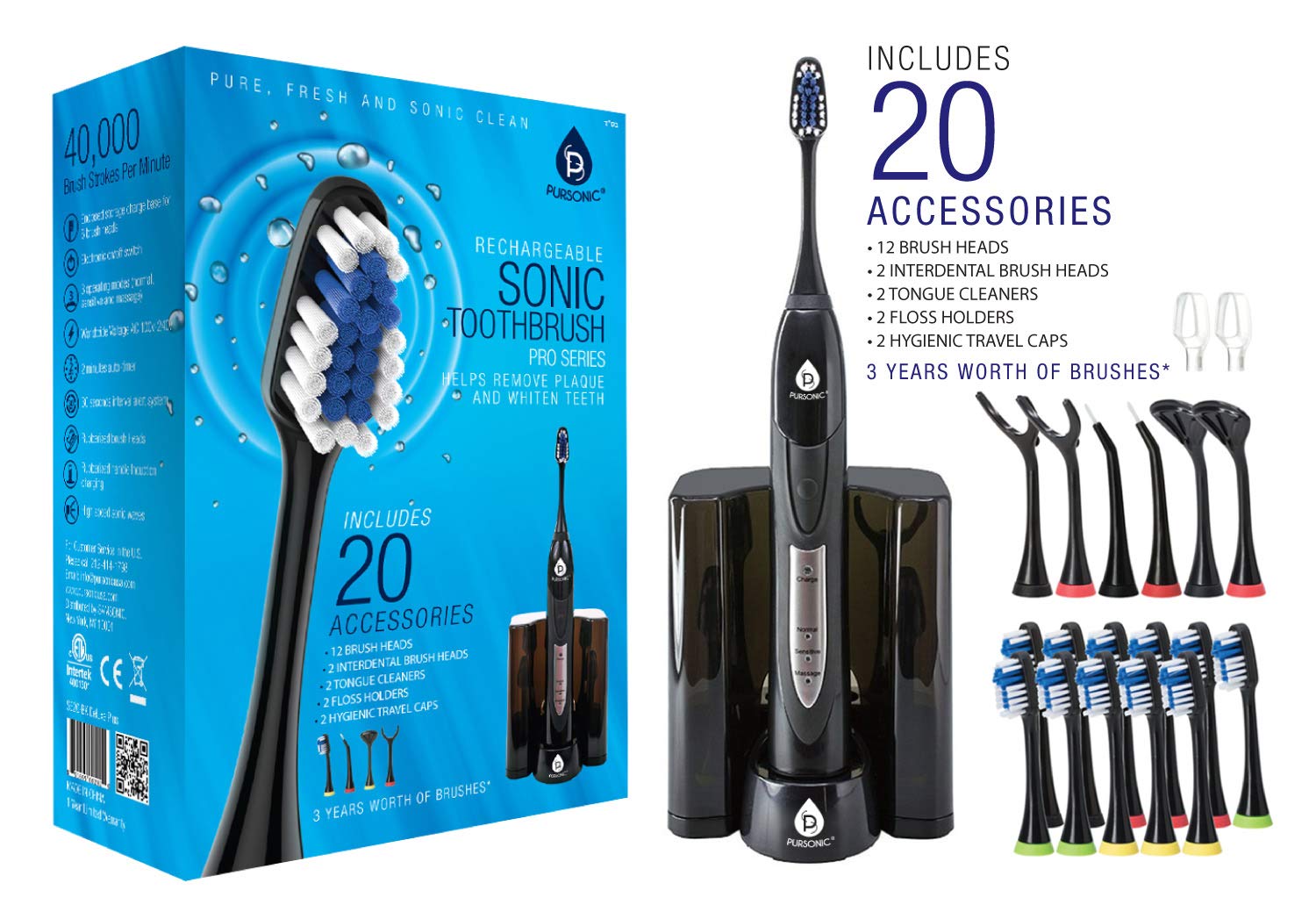 Pursonic S520 Rechargeable Sonic Toothbrush- Includes 20 accessories: 12 Brush Heads & More, Black