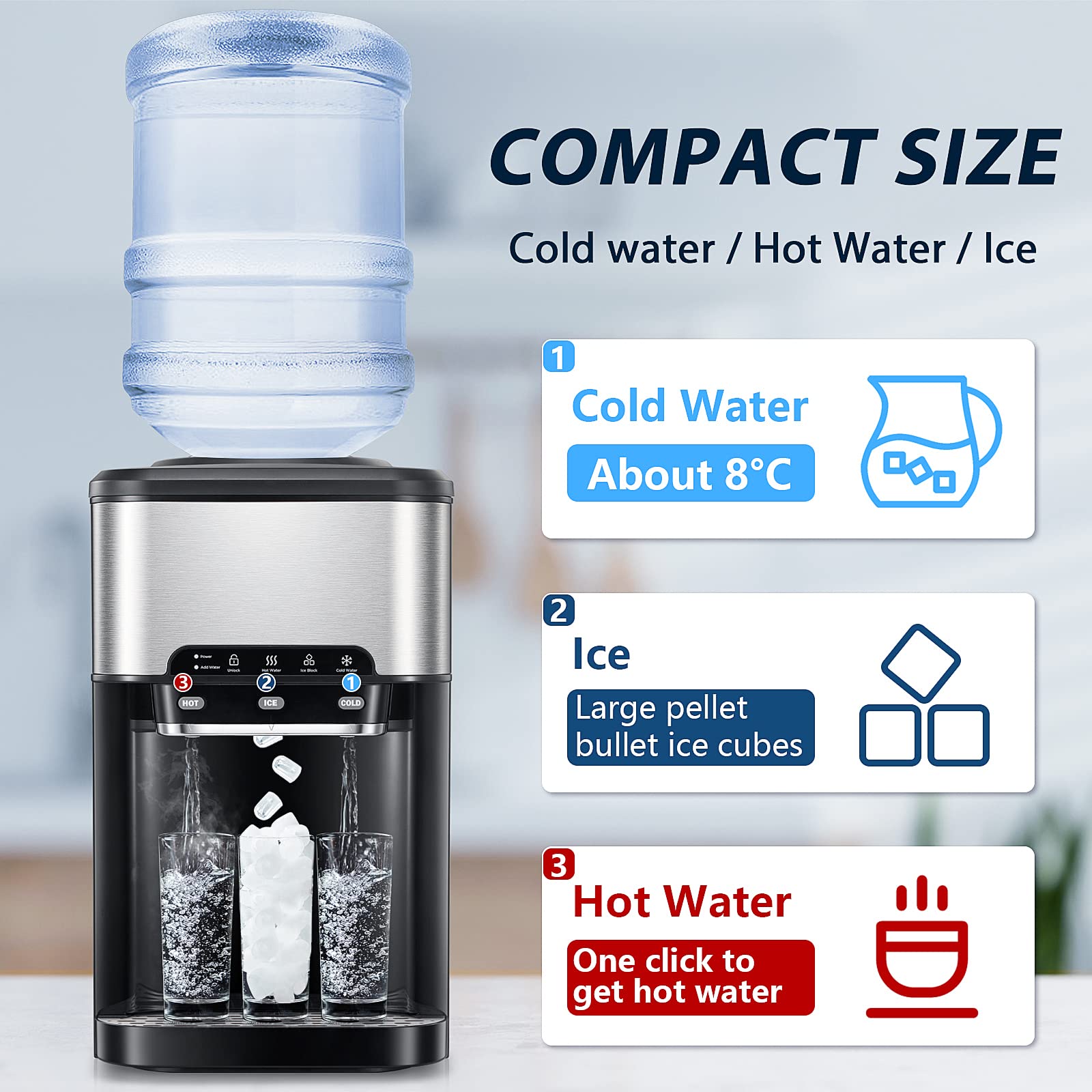 Antarctic Star 3-in-1 Water Cooler Dispense, Built-in Ice Maker, 3 Temperature Settings - Hot, Cold & Ice Holds 3-5 Gallon Bottles for Home, Kitchen,School, Office, ETL(Stainless Steel)