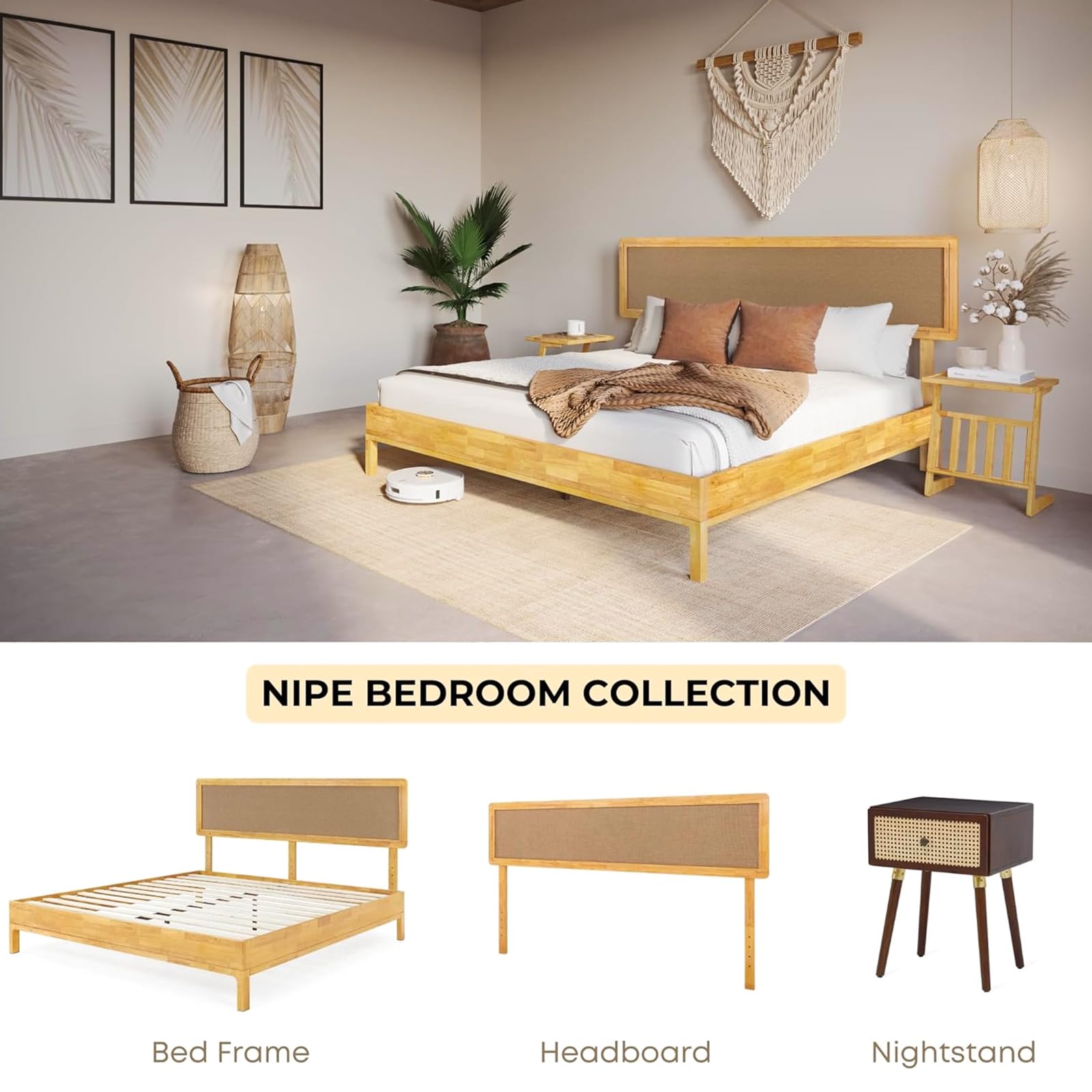 Bme Nipe King 14 Inch Bohemian Bed Frame with Adjustable Woven Headboard - Rustic & Vintage Unique Style with Rubber Wood - No Box Spring Needed - Easy Assembly - Natural