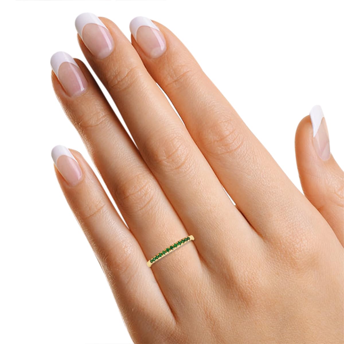 AFFY Round Cut Simulated Green Emerald Stackable Anniversary Wedding Band Ring In 14K Yellow Gold Plated 925 Sterling Silver Ring For Women Ring Size-8.5