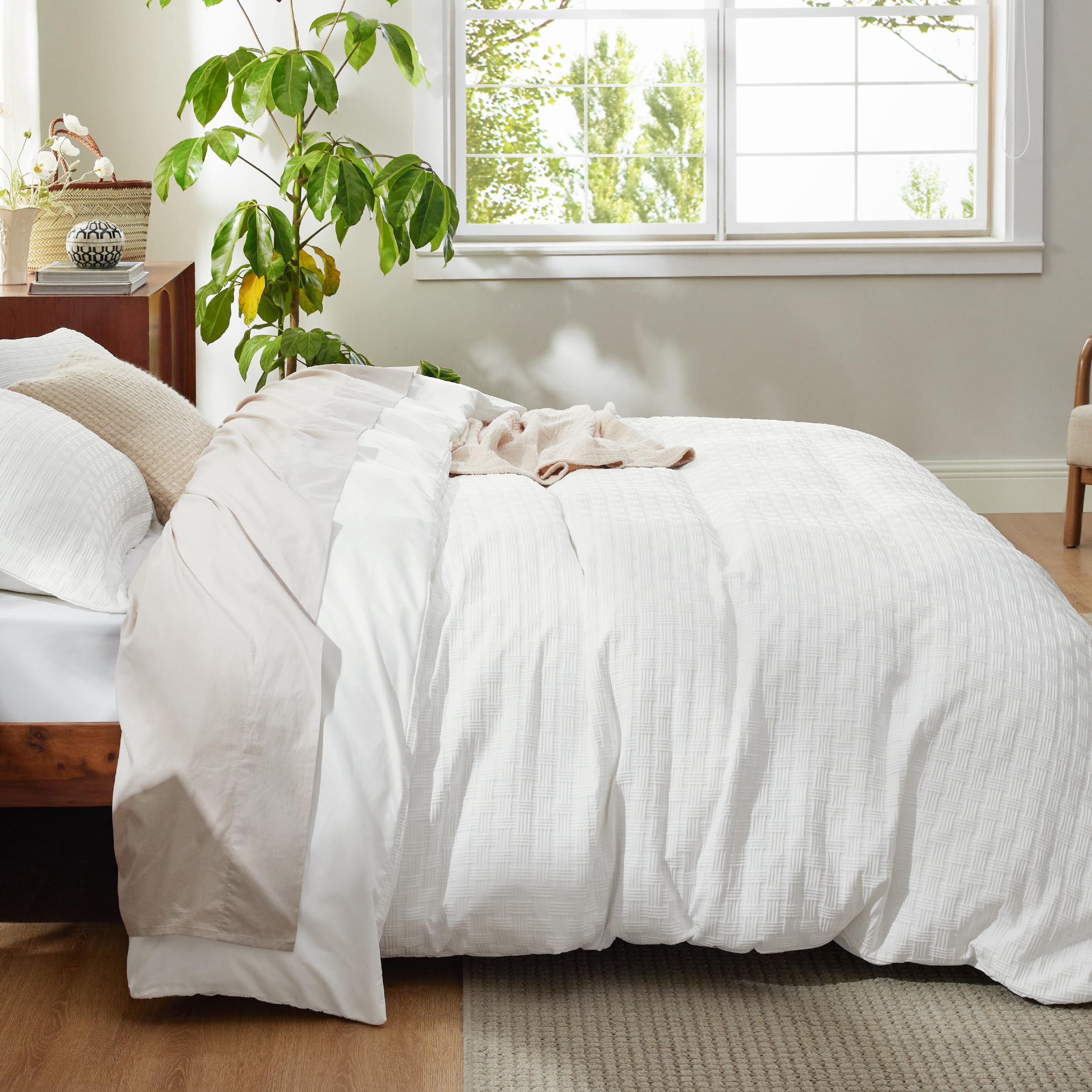 Bedsure Boho Duvet Cover - Boho Bedding Duvet Cover Set for All Seasons, Plaid Duvet Cover (White, Queen Size, 90"x90")