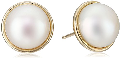 Amazon Collection 14k Yellow Gold 9.5-10mm White Bezel Design Cultured Freshwater Pearl Pendant Necklace and Stud Earrings Jewelry Set