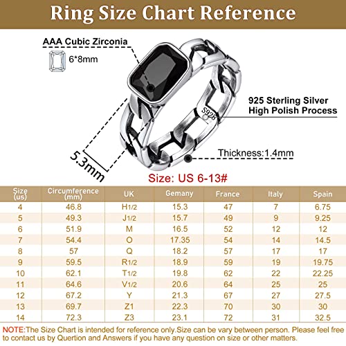 Bestyle Silver Black Onyx Ring - Sterling Silver Band Ring Index Middle Finger Stacking Doom Ring, Cuban Link Chain Band Ring with Black Crystal, Great Birthday Gift for Her, Size 8