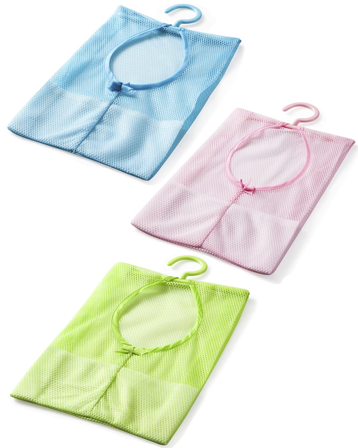 FASANIY Clothespin Bag Hanger Hanging Multipurpose Storage Mesh Colorful Organizer Closet Rack Clothes Clip Collection (Fresh Green (1pc) + Pretty Pink (1pc) + Breezy Blue (1pc))
