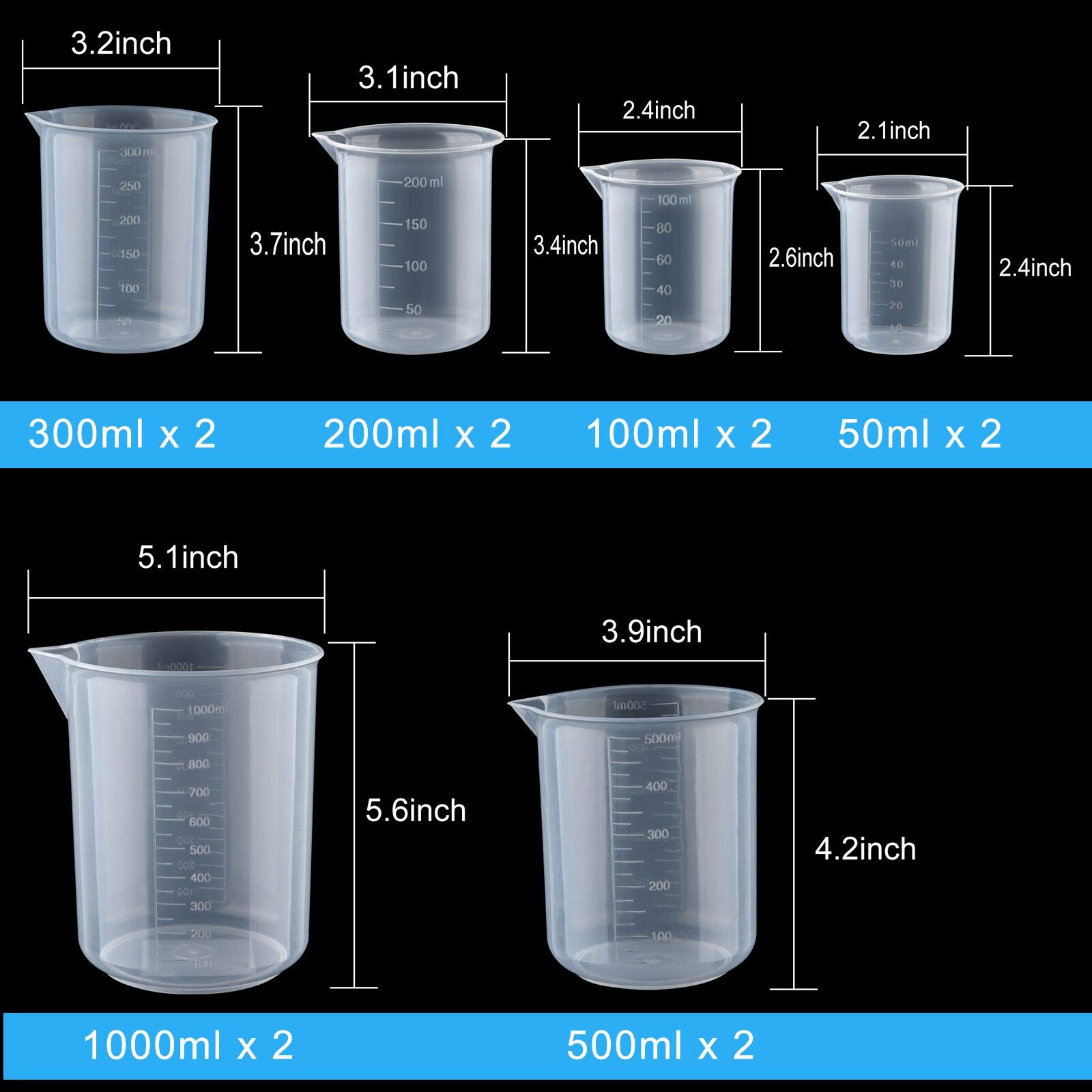 Coopay 12 PCS Plastic Beakers Plastic Graduated Cups Clear Multipurpose Measuring Cups Epoxy Mixing Cups, Liquid Container Beakers in 50ml/100ml/200ml/300ml/500ml/1000ml for Resin, Epoxy, Mixing Paint