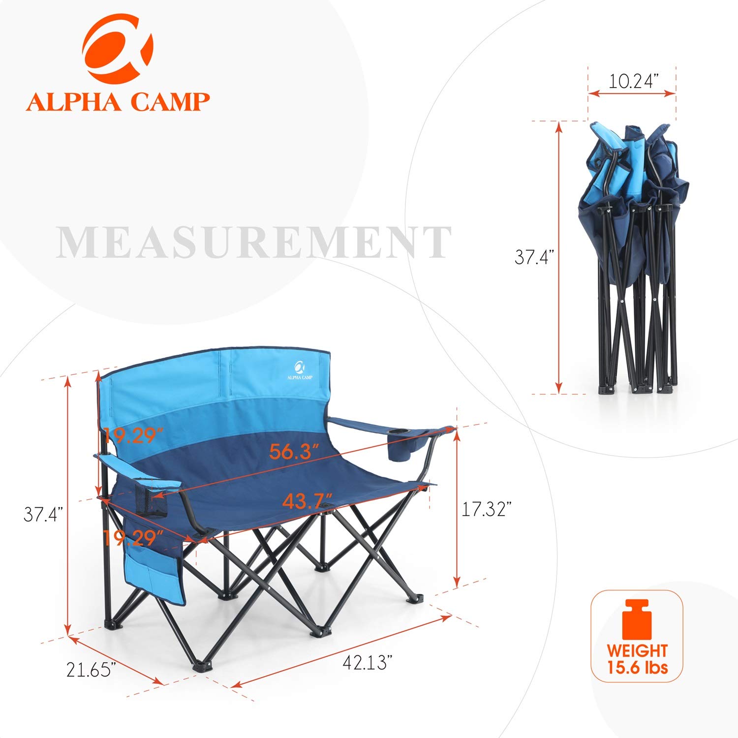 ALPHA CAMP Camping Folding Chair Heavy Duty LoveSeat Support 450 LBS Oversized Steel Frame Collapsible Double Chair with Cup Holder for Outdoor
