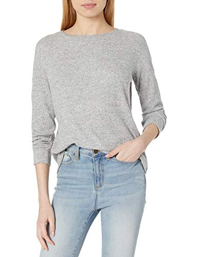 Amazon Brand - Daily Ritual Women's Cozy Knit Rib Long Sleeves Drop-Shoulder Open Crewneck Sweatshirt, Heather Grey Marl, Large