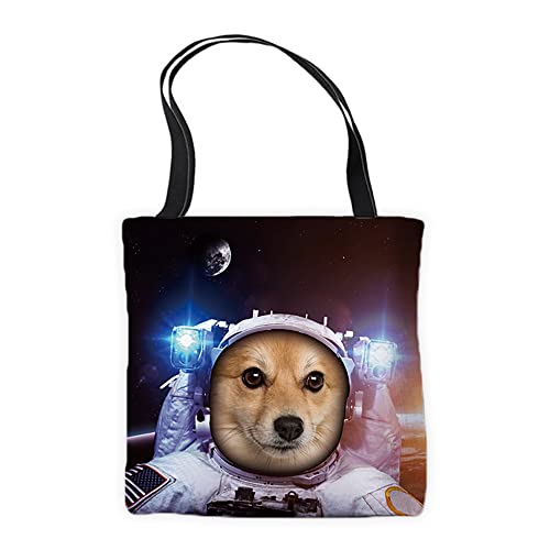 BAGEYOU Pomeranian Dog Space Astronaut Tote Bag Funny Animal Casual Canvas Shoulder Bag for Shopping Work Beach