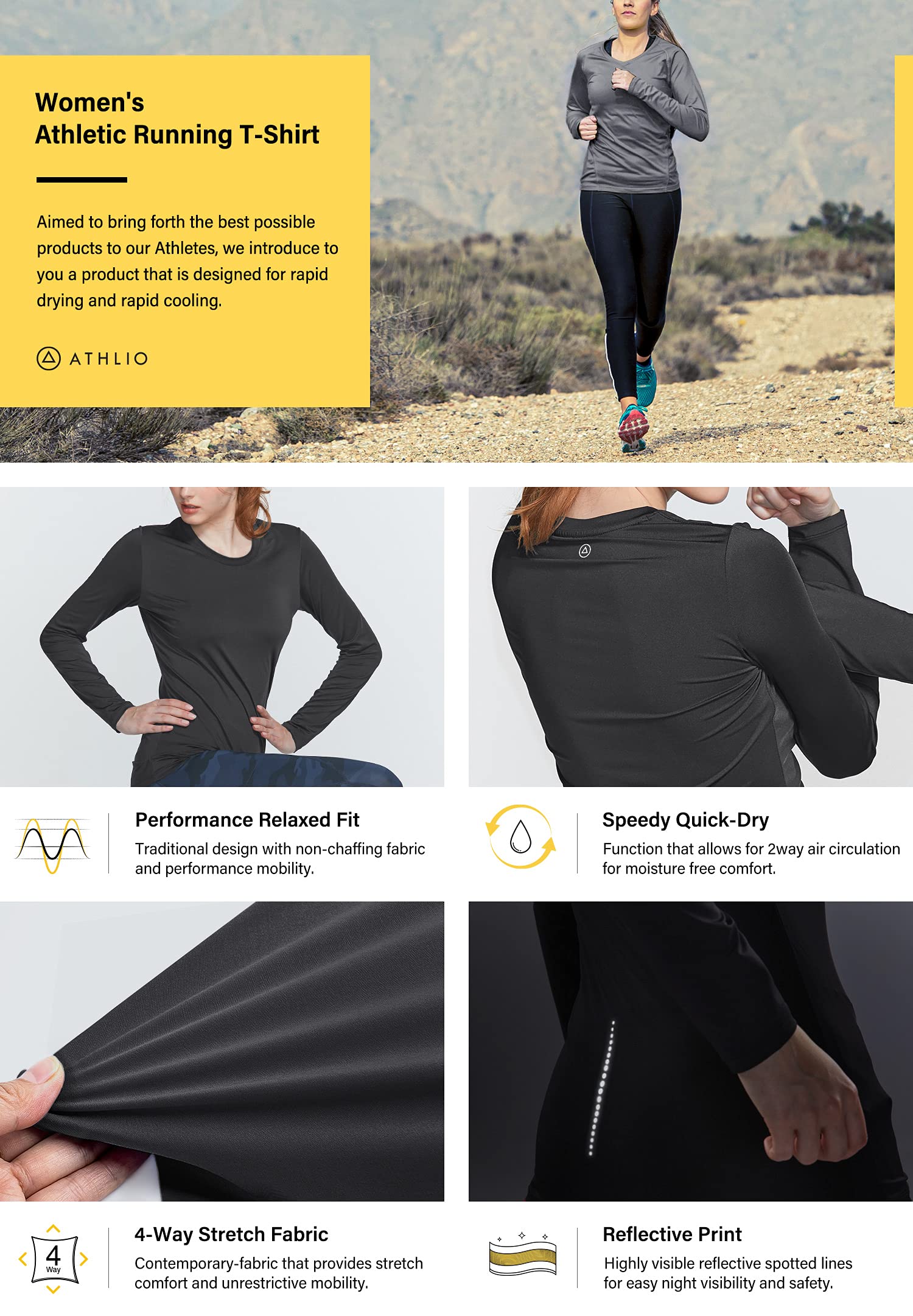 ATHLIO Women's UPF 50+ Long Sleeve Workout Shirts, UV Sun Protection Running Shirt, Dry Fit Athletic Tops, V Neck 2pack Navy/Charcoal, Large