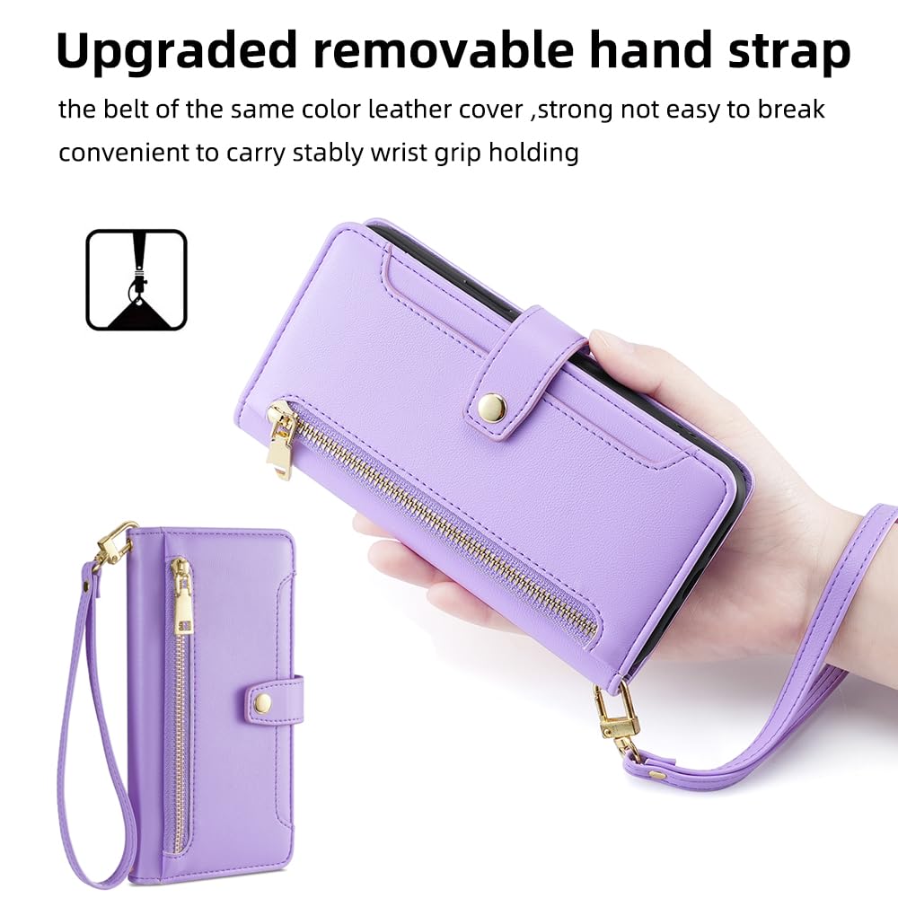 Arseaiy Wallet Case for iPhone 15 Pro Max Flip Phone Case with Adjustable Crossbody Strap Magnetic Handbag Zipper Pocket Cases PU Leather Shockproof Cover with Kickstand Phone Shell Purple