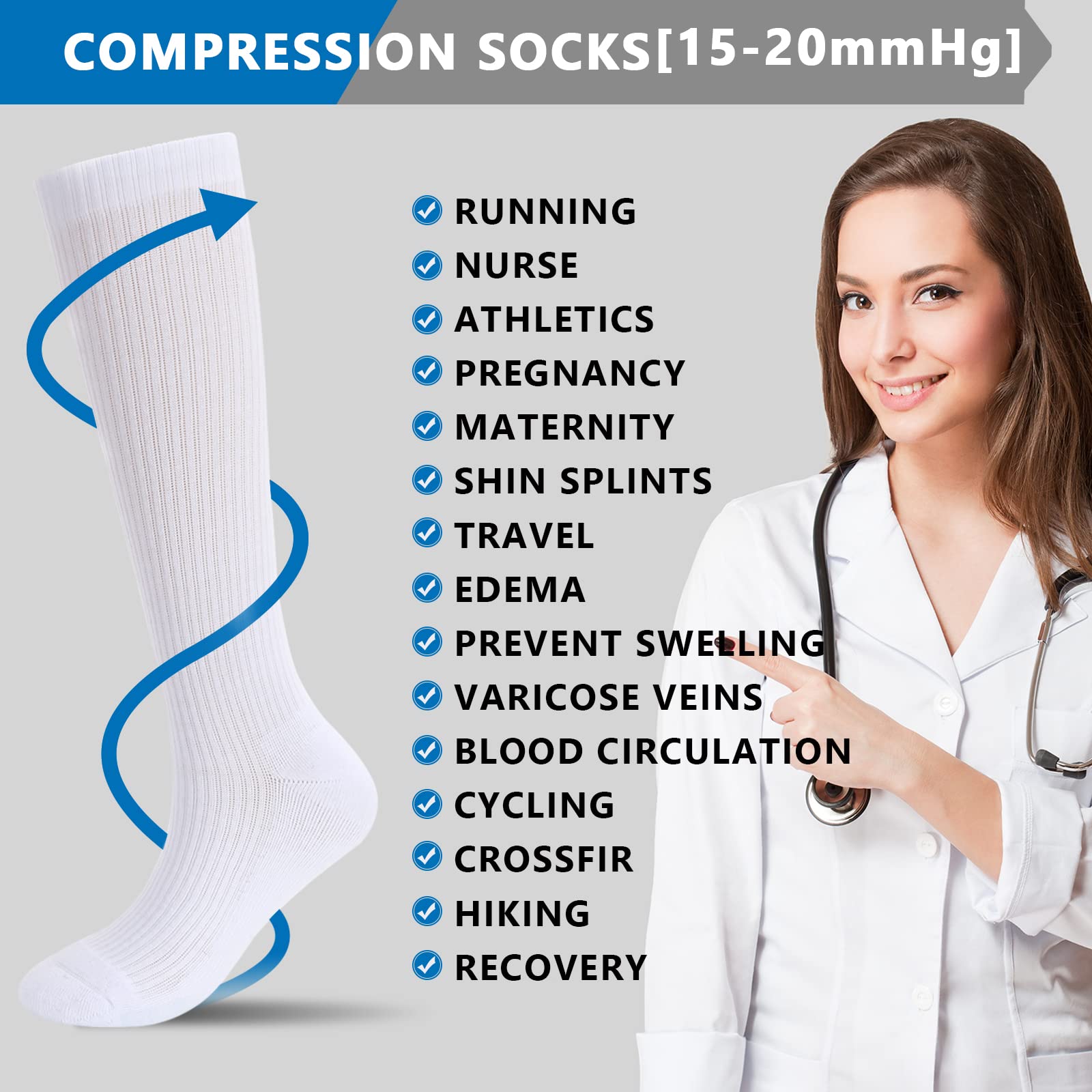 Athlemo 6Pairs Cotton Compression Socks for Men & Women Circulation 8-15mmHg Knee High Socks