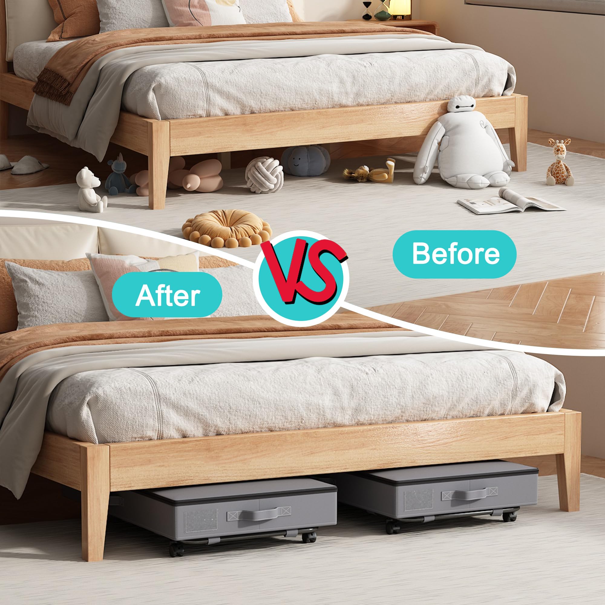 BEESTMUEBLE 2Pack Under Bed Storage, 53 L Under Bed Storage Containers with Wheels and Lids, Thicken 600D Oxford Cloth Under the Bed Organizer with Handles for Blankets, Pillows and Clothes, Grey