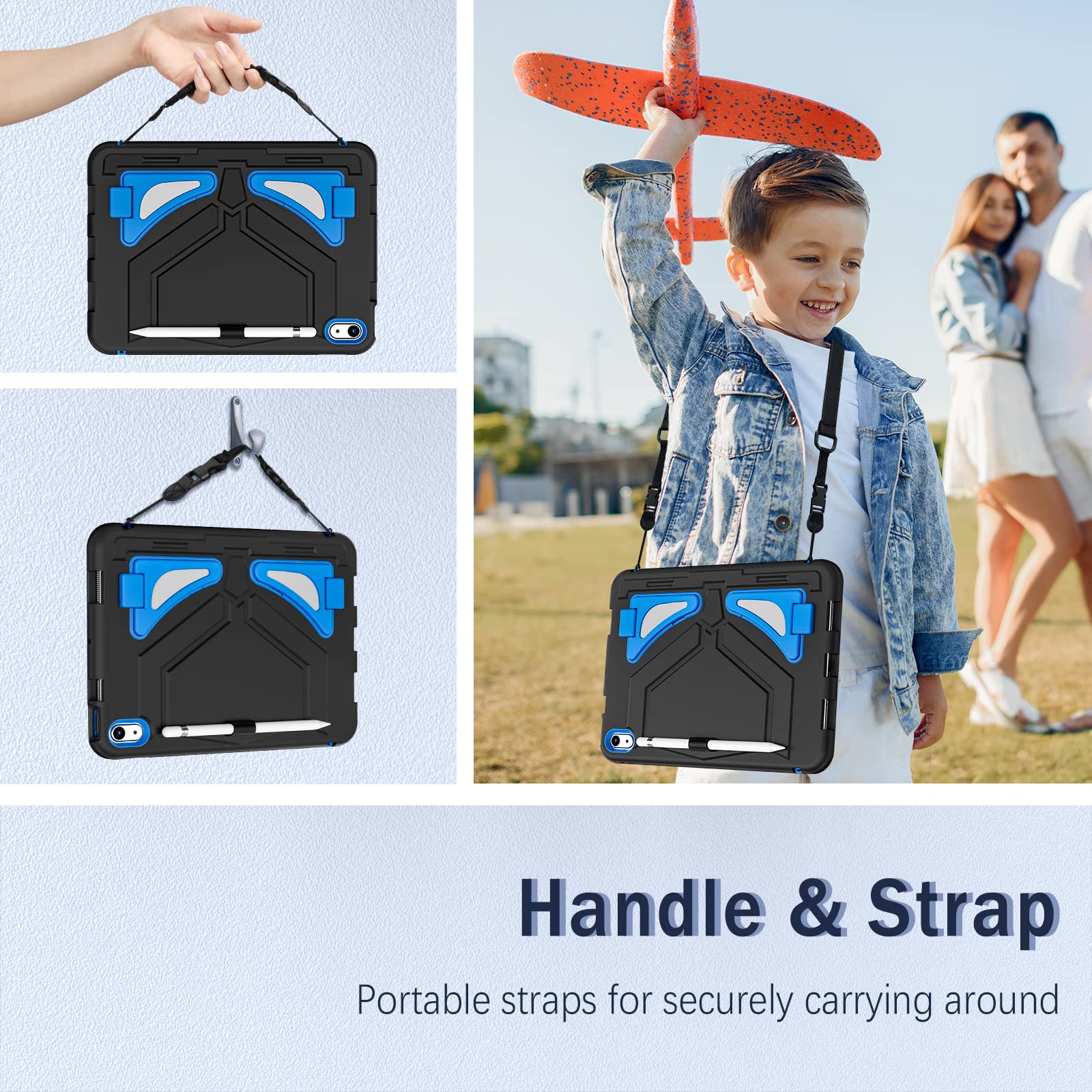 Auizotl 10th Generation Case, Kids Friendly Case 10th Generation with Pencil Holder Shoulder Strap Kickstand, Heavy Duty Shockproof 10th Gen Case 10.9 Inch for Kids 2022, Black Blue