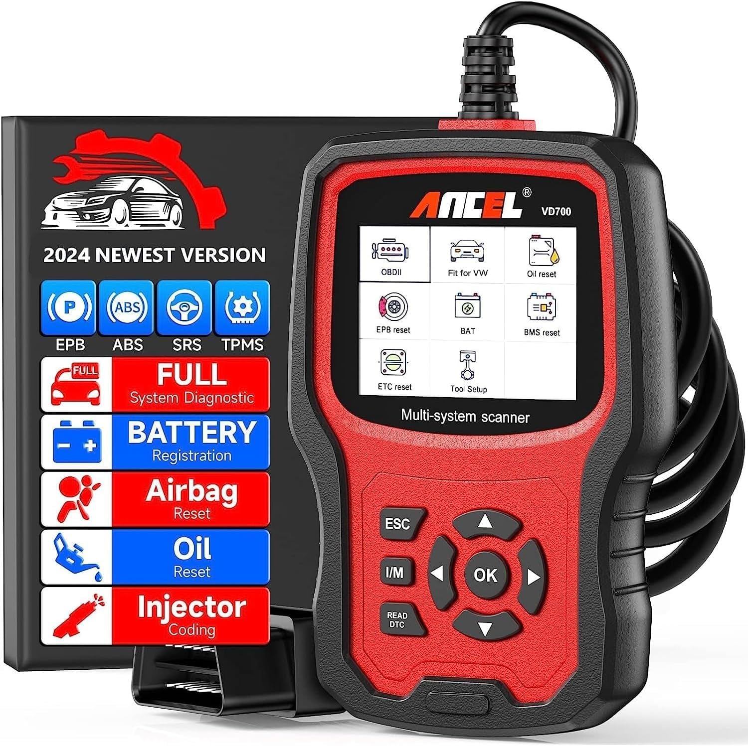 ANCEL VD700 Full Systems Diagnostic Tool Fit for Volkswagen VW Audi Skoda Seat, All Functions OBD2 Scanner Car Code Reader for VAG Vehicles with Battery Registration EPB Reset (Upgraded VD500)