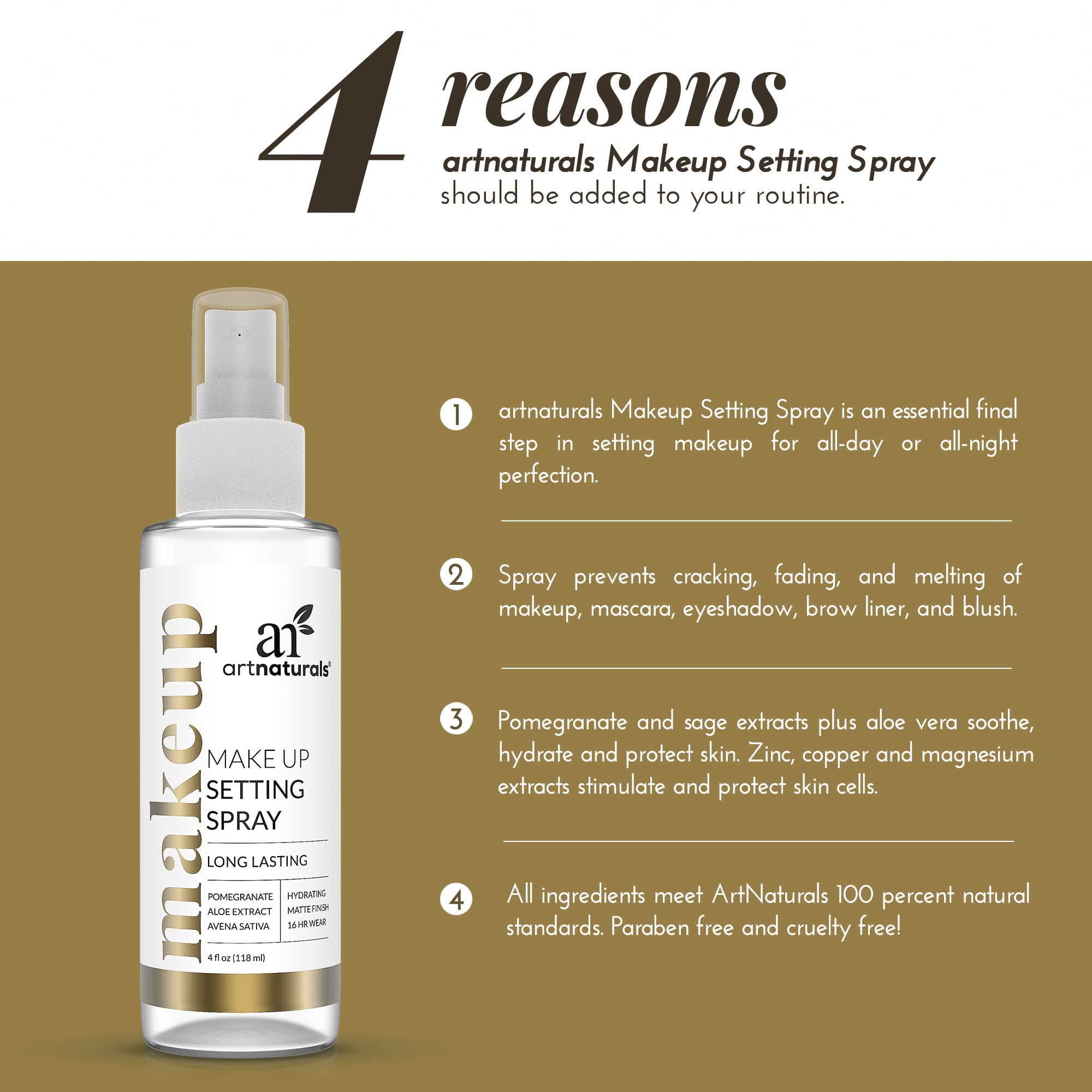 artnaturals Makeup Setting Spray - Long Lasting Face Oil Control - Matte Finish Mist - Organic, Made w/Aloe Vera - Hydrating & Anti Aging for Skin Care Routine (4 Fl Oz / 120ml)