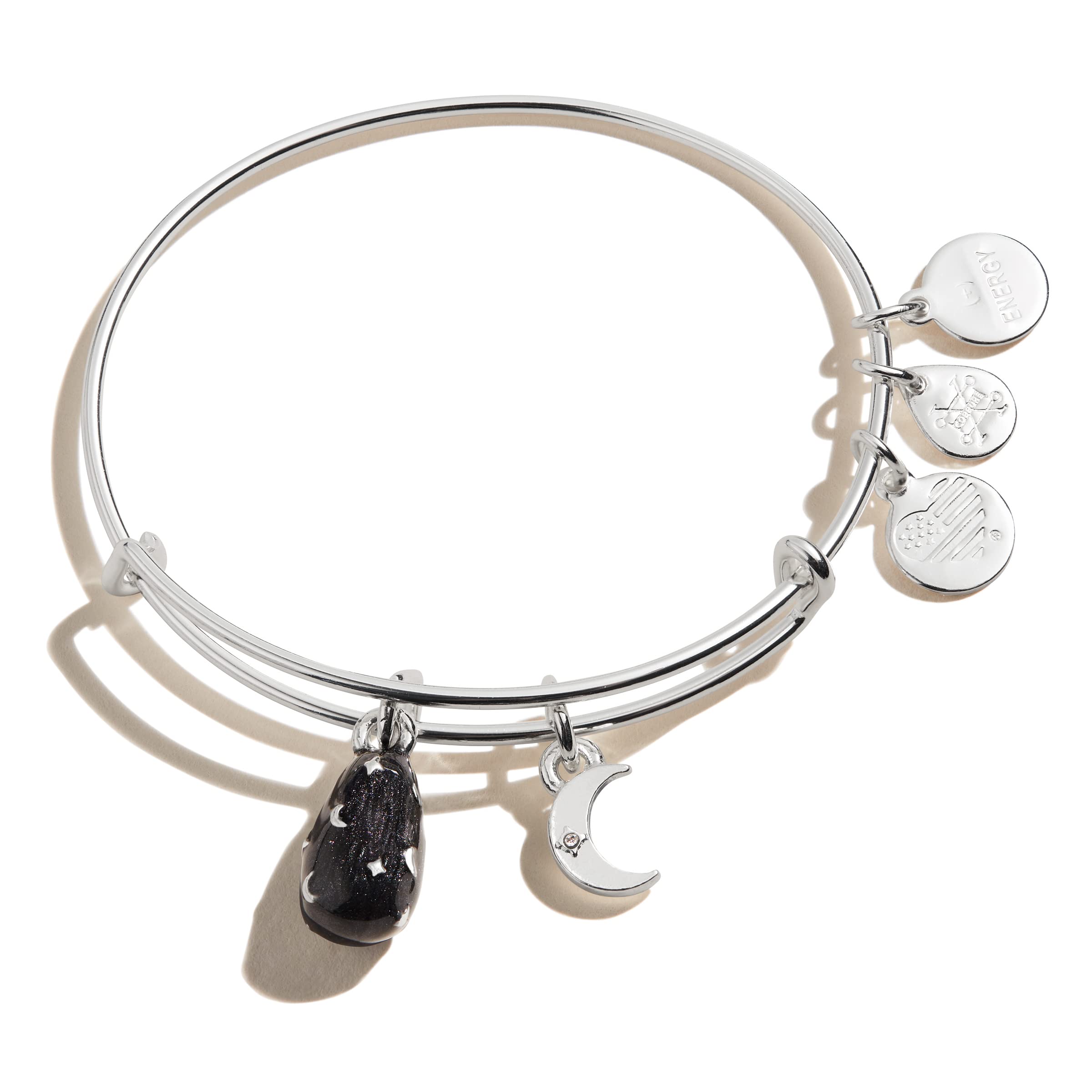Alex and Ani Holiday Expandable Bangle for Women, Celestial Moon Duo Charm, Shiny Silver Finish, 2 to 3.5 in