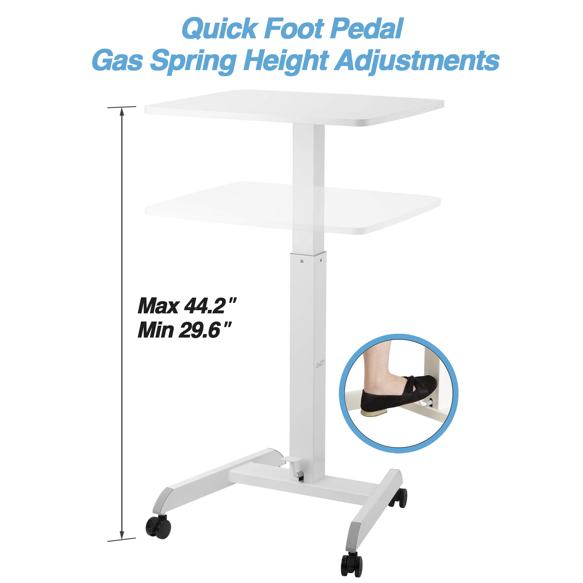AVLT 44" Height Adjustable Foot Pedal Mobile Workstation (3 ft 8 inches) - Pneumatic Laptop Standing Desk Cart - Mobile Laptop Cart - White Computer Projector Cart with Brake Casters