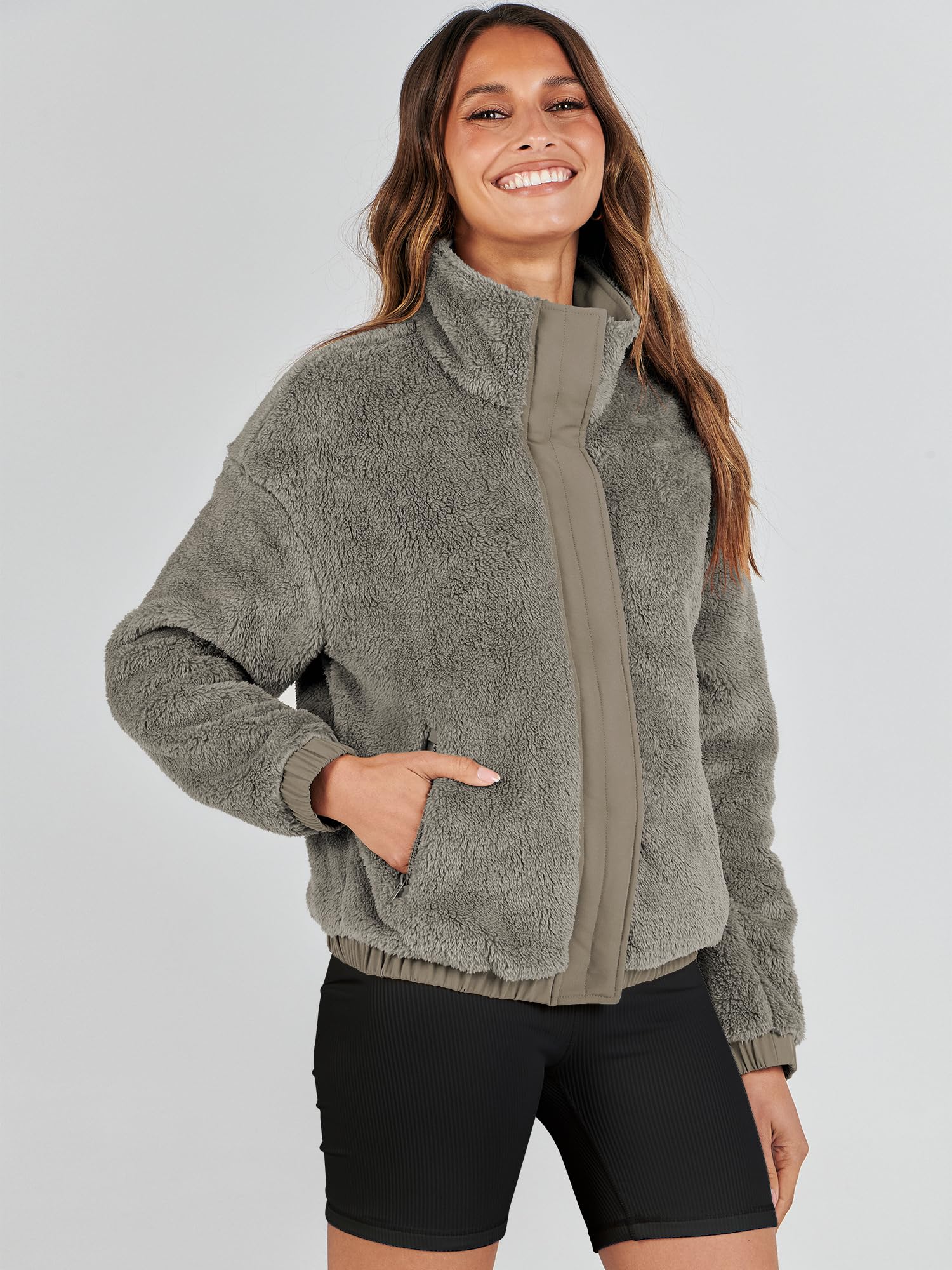 ANRABESS Womens Fleece Jacket Casual Long Sleeve Cropped Sherpa Button Down Fuzzy Warm Coats Fall Outwear With Pockets Grey Medium