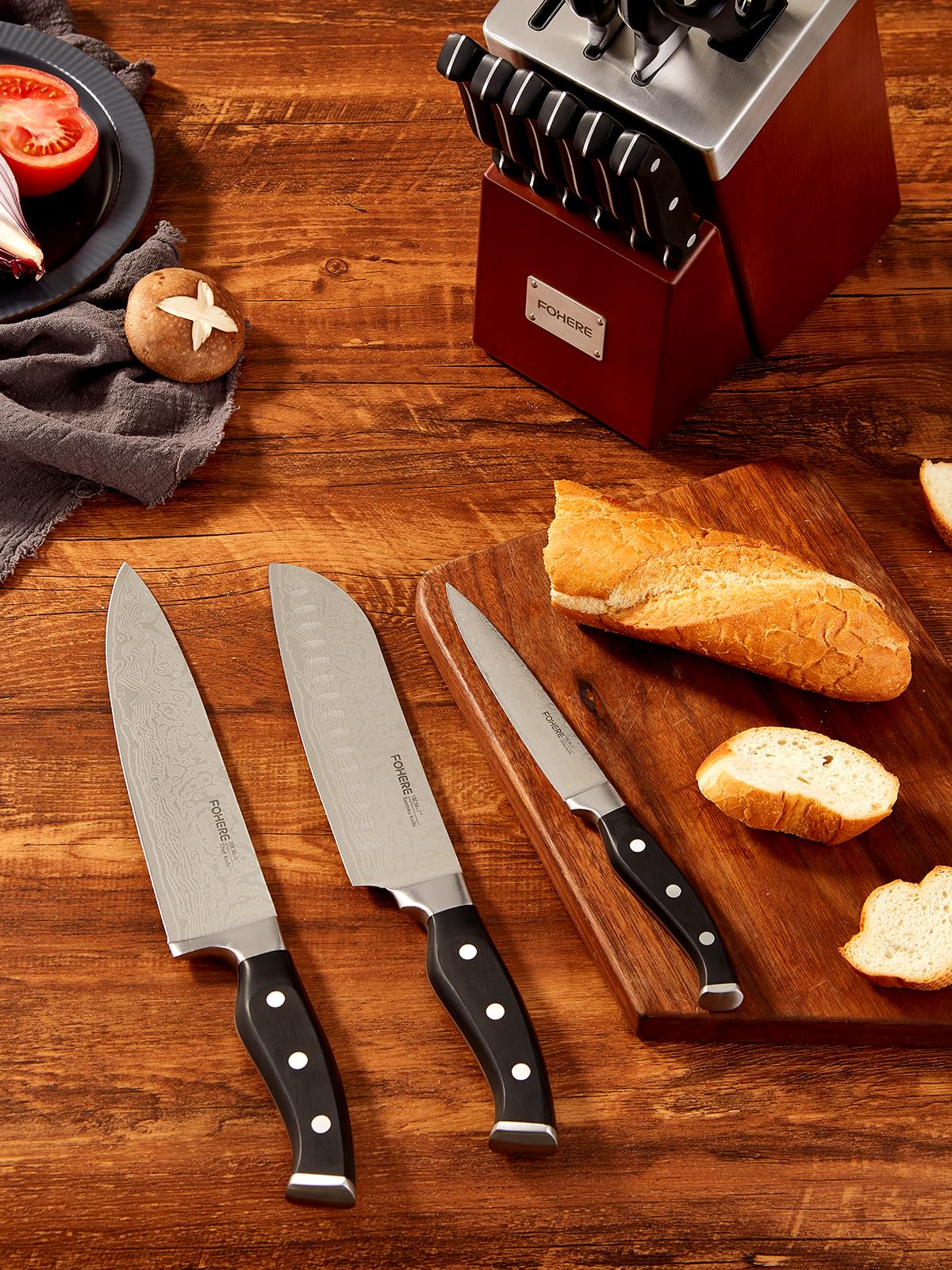 Knife Block Set, FOHERE 14 Pieces Razor-Sharp Self Sharpening Knife Set, High Carbon Stainless Steel Waved Pattern Knife Set with Block, Rust & Stain Resistant Kitchen Knives and Triple Riveted Handle