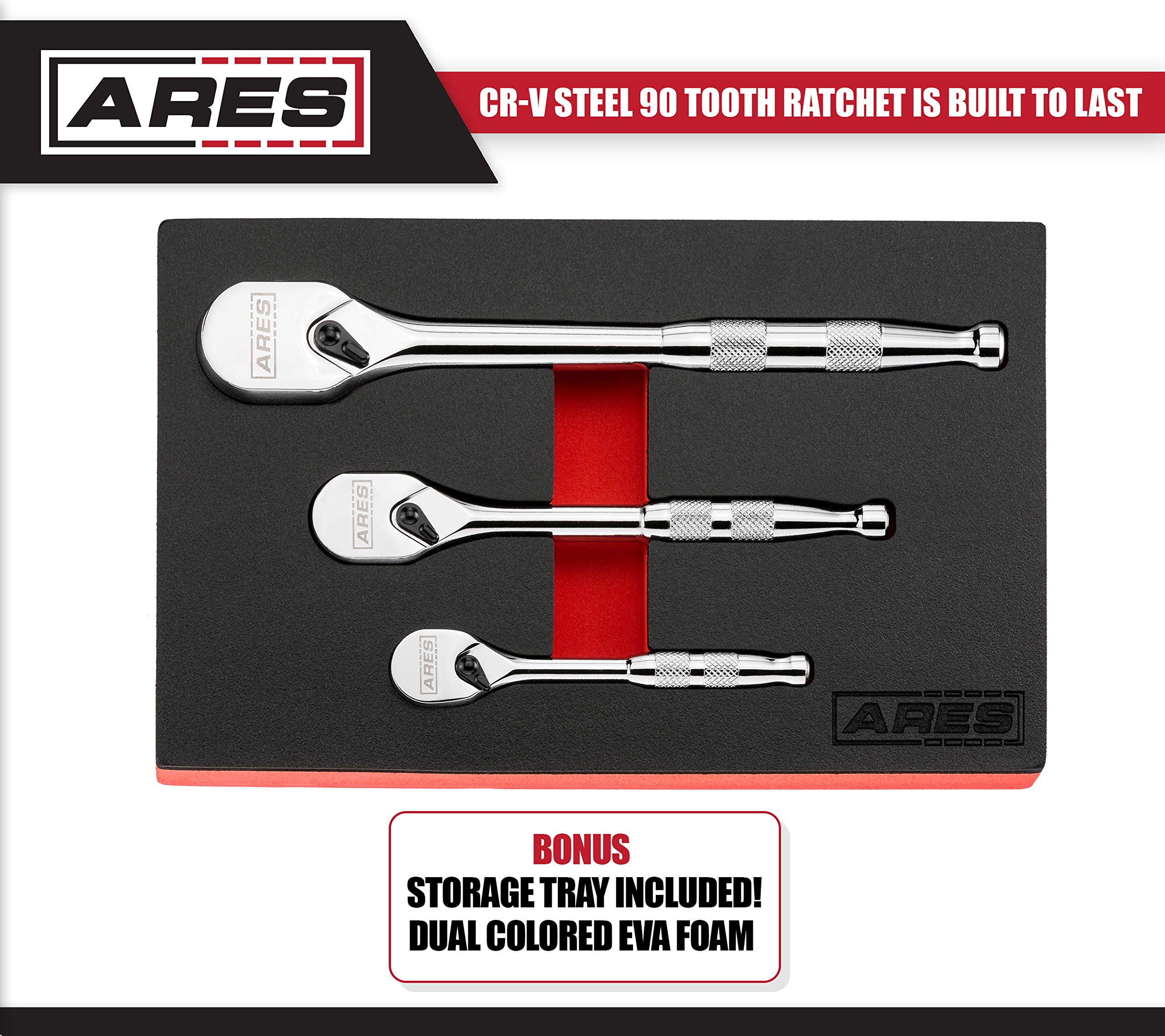 ARES 42000-3-Piece 90-Tooth Full Polish Ratchet Set - Chrome Vanadium Steel Construction & Chrome Plated Finish - Reversible Design - 4 Degree Swing - Ratcheting Tool Set