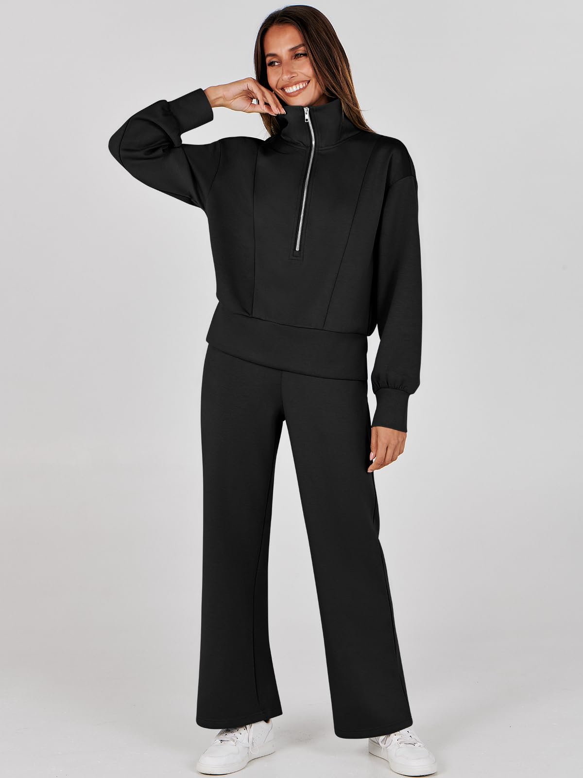 ANRABESS Womens Two Piece Outfits 2024 Fall Sweatsuit Set Half Zip Cropped Sweatshirt Wide Leg Sweatpant Lounge Set Black Medium