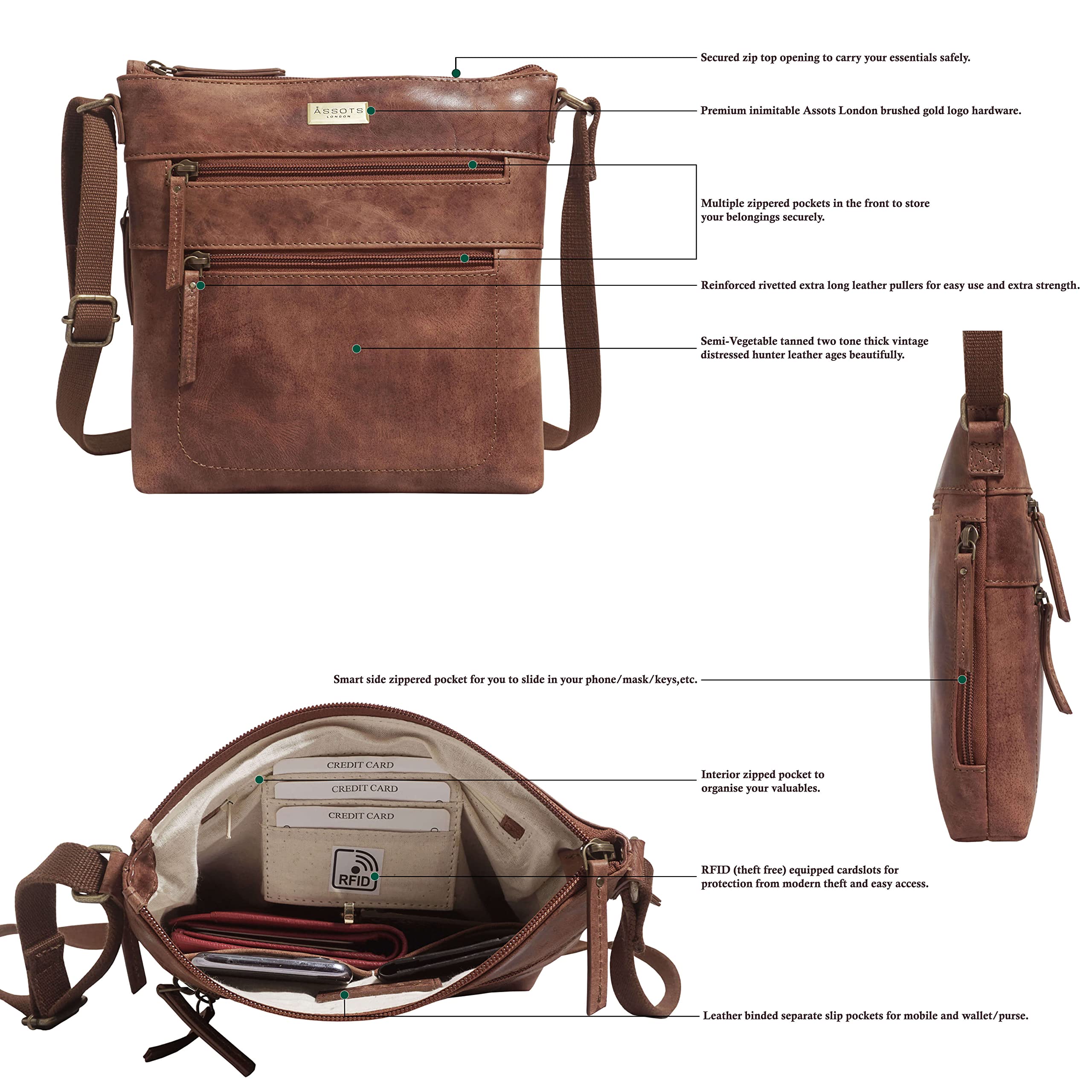 ASSOTS Crossbody Bags for Women – Real Leather Purses with RFID Protection, Multiple Pockets and Adjustable Strap