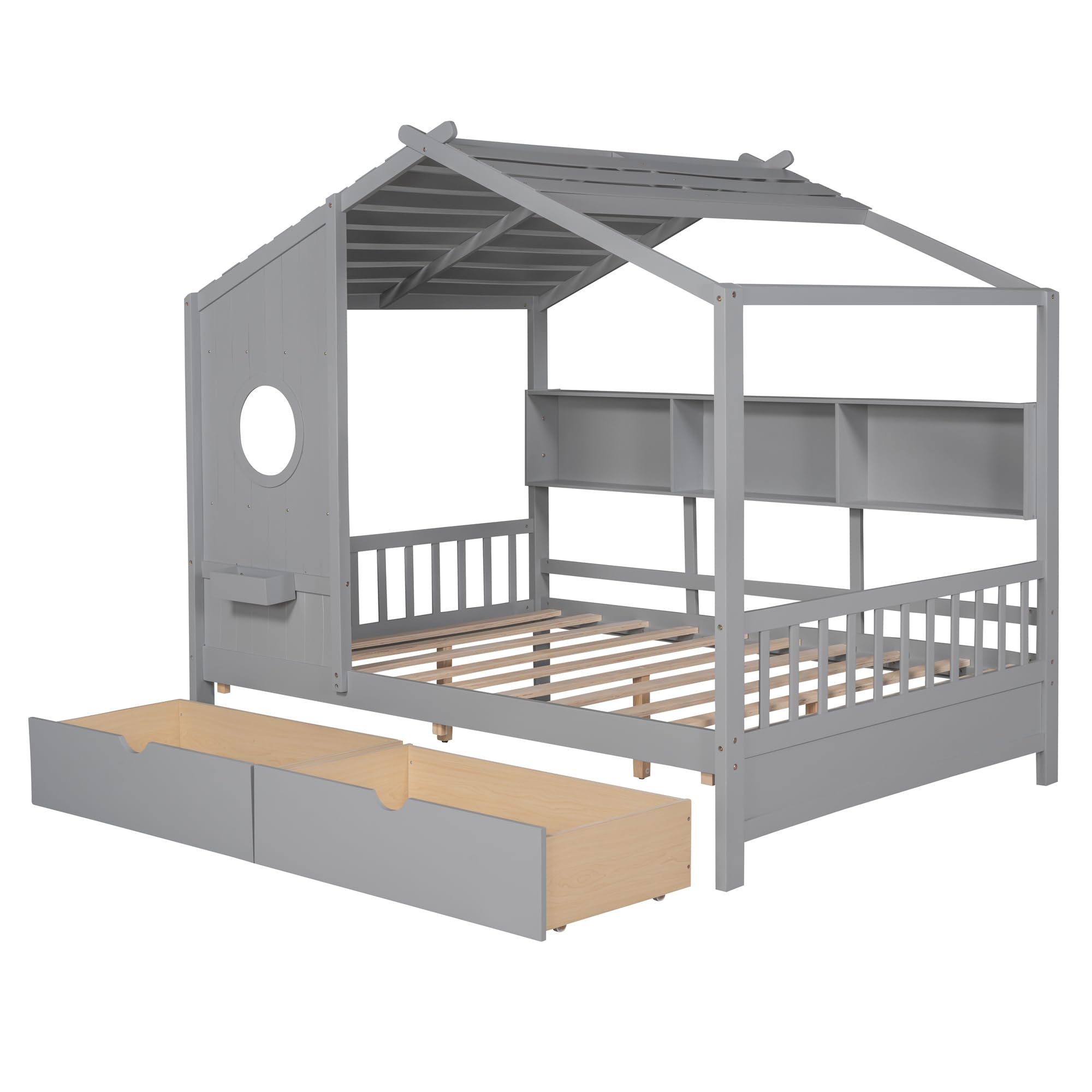 Bellemave Full Size House Bed with 2 Storage Drawers,Kids Bed with Storage Shelves,Wooden House Bed Frame for Girls,Boys,Can be Decorated,Gray