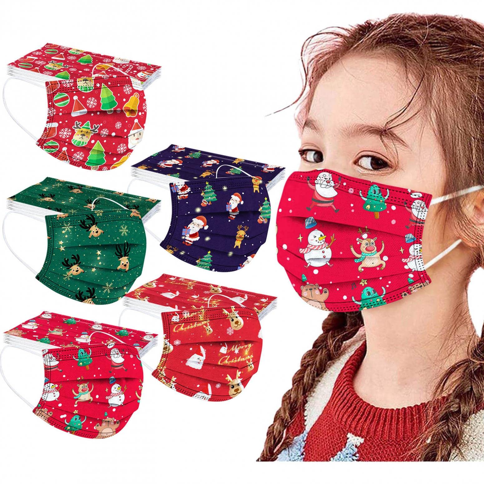 AIHOU Kids Disposable Face Mask 50PCS Childrens Cute Cartoon 3Ply Earloop Protective Breathable Halloween Christmas Face Mask