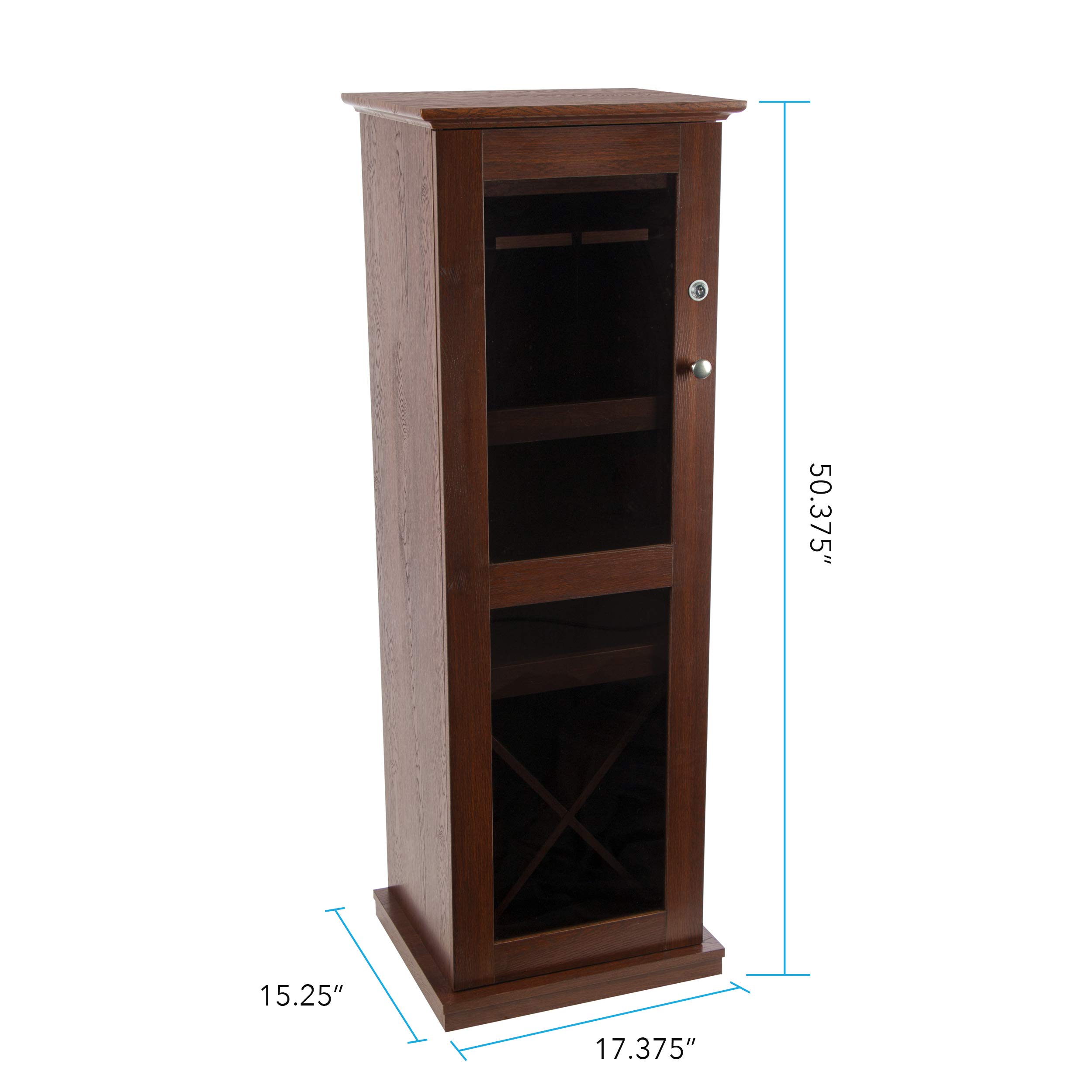 Atlantic Herrin Bar Cabinet, Tempered Glass Lockable Door, European Hidden Hinges, Storage for 9 Wine Glasses & 16 Bottles of Wine, Accessory Drawer & Liquor Storage, PN 38408116 β Textured Chestnut