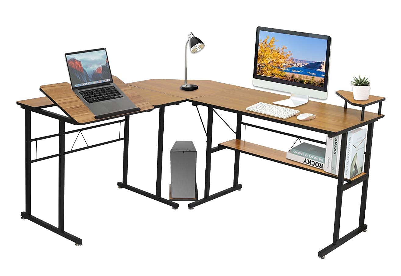 AODAILIHB L-Shaped Desk Corner Computer Desk Writing Desk Drawing Table Home Office Workstation Top Wood Surface Gaming Desk with Shelves (Wood)