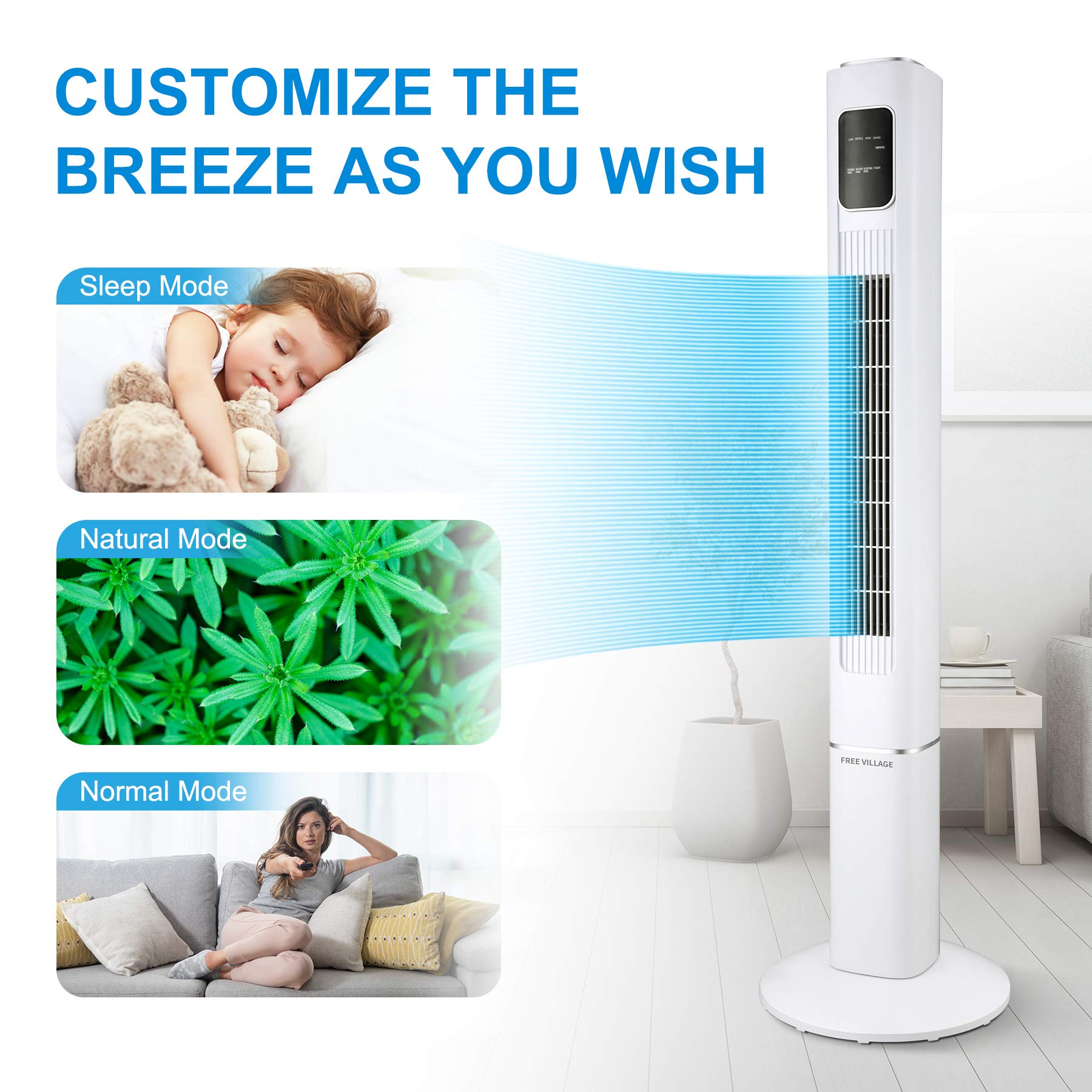 FREE VILLAGE 47'' Bladeless Tower Fan - 47 Inch Portable Tower Fan with Remote, 15 Hours Timer, 70¡ã oscillation, LCD Display, Compact Size, 3 Modes and 3 Speed Settings, Safe for Kids and Pets, White